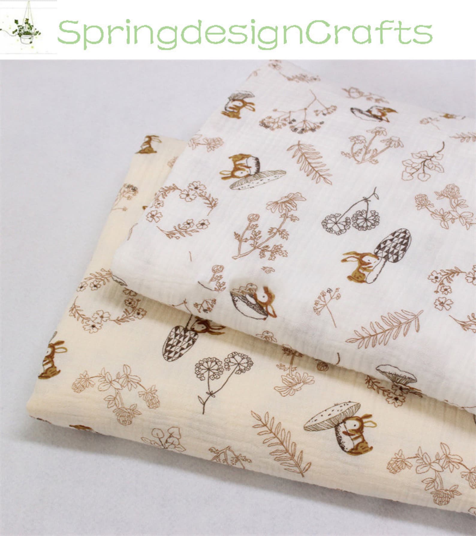 Squirrel & Leaves Cotton Gauze Fabric: Crinkled Double Layer, by the ...