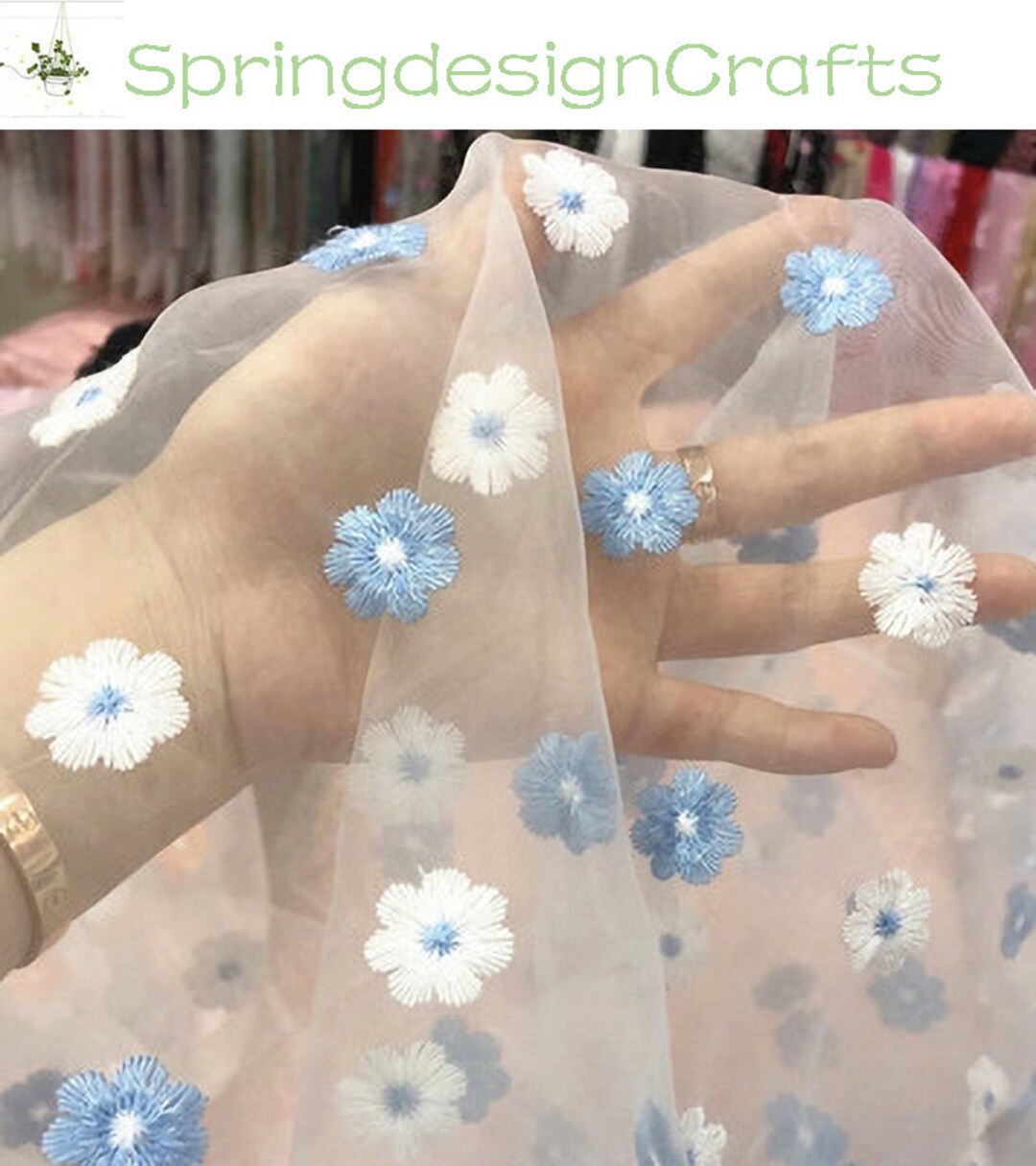 Flower Organza, Embroidered Daisy Organza Fabric, Blue Floral Tulle ...