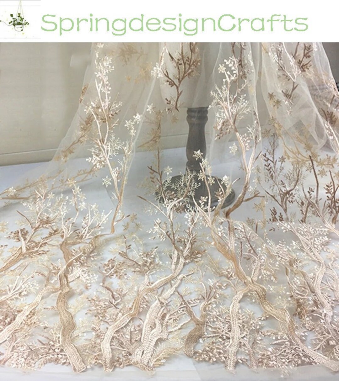Floral Embroidered Sequin Tulle Fabric: Tree Branch Lace, Wedding ...