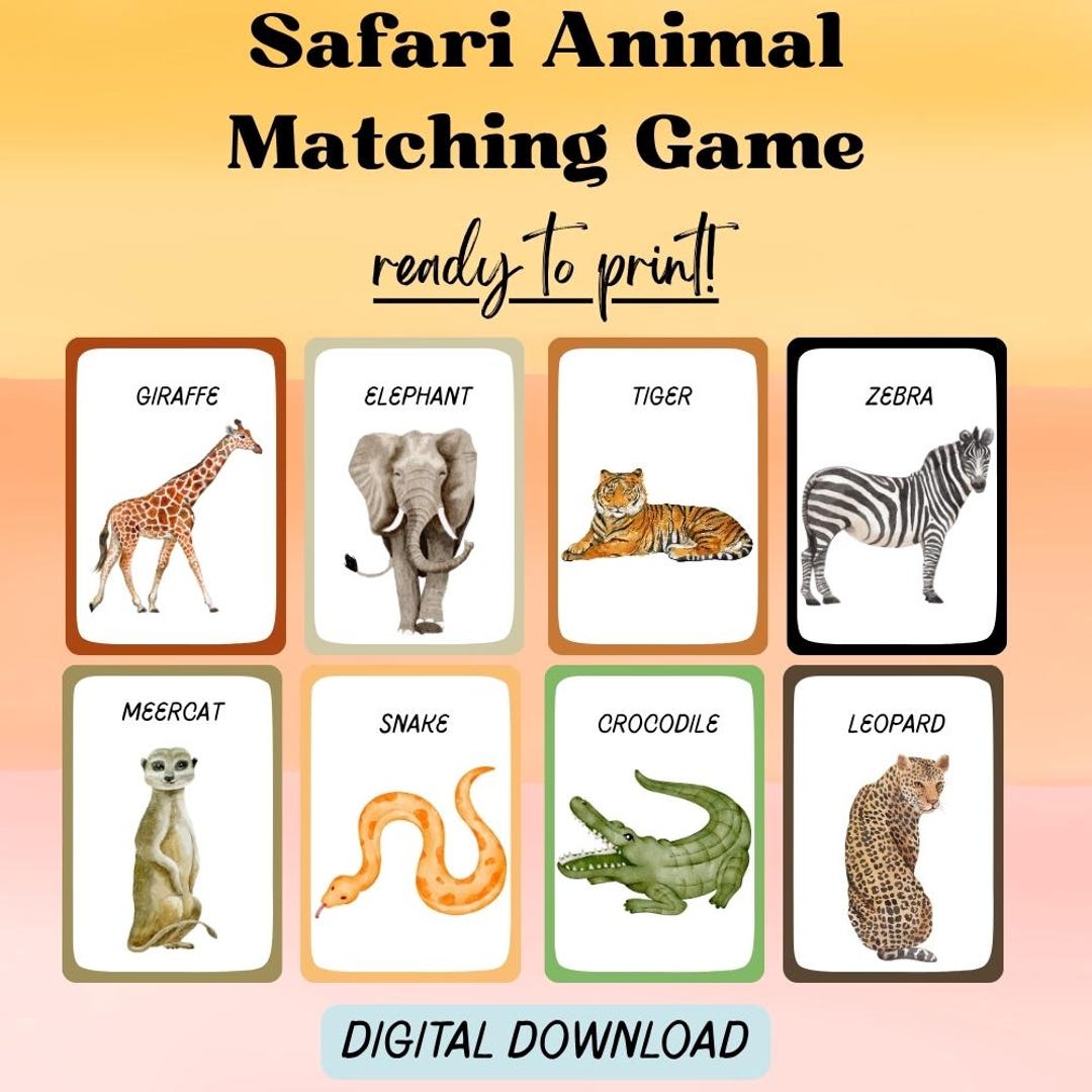 Safari Animal Matching Game Watercolor Preschool Activity Printable ...