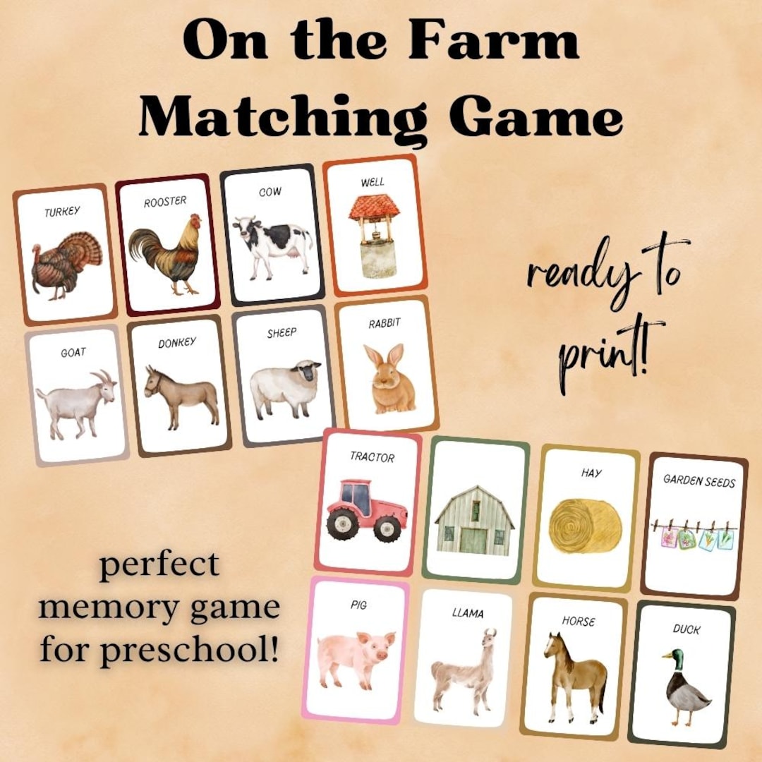 Farm Animal Matching Game Printable for Toddlers Preschool Memory Cards ...