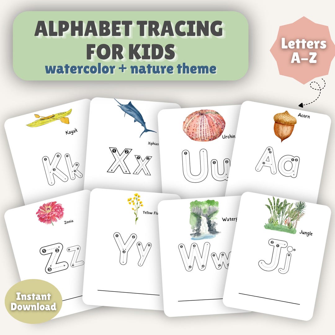 Nature Alphabet Tracing Worksheets A-Z Preschool Handwriting Printable ...