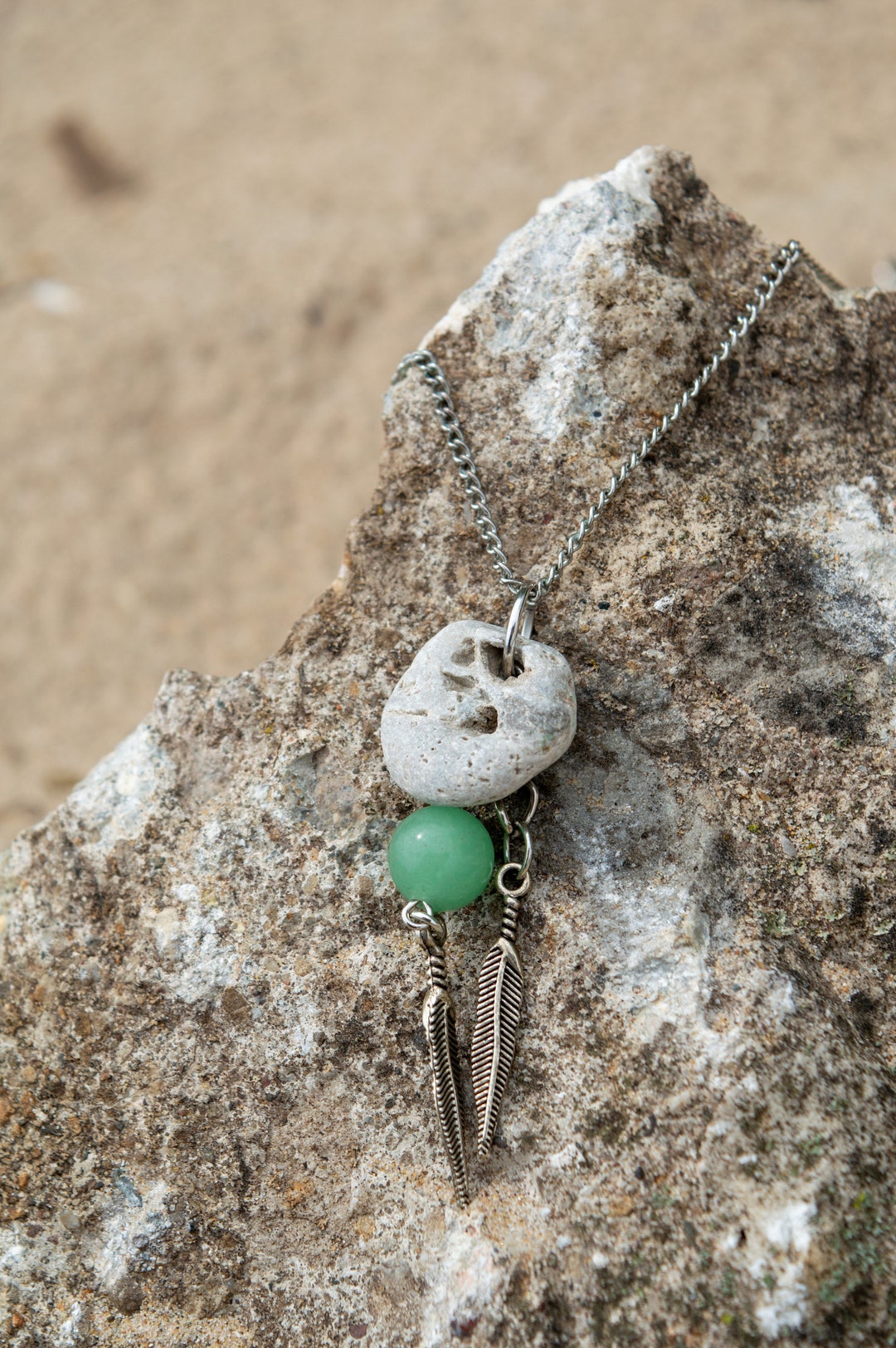 Genuine Hag Fairy Stone With Bead and Silver Feather Pendants Chain ...