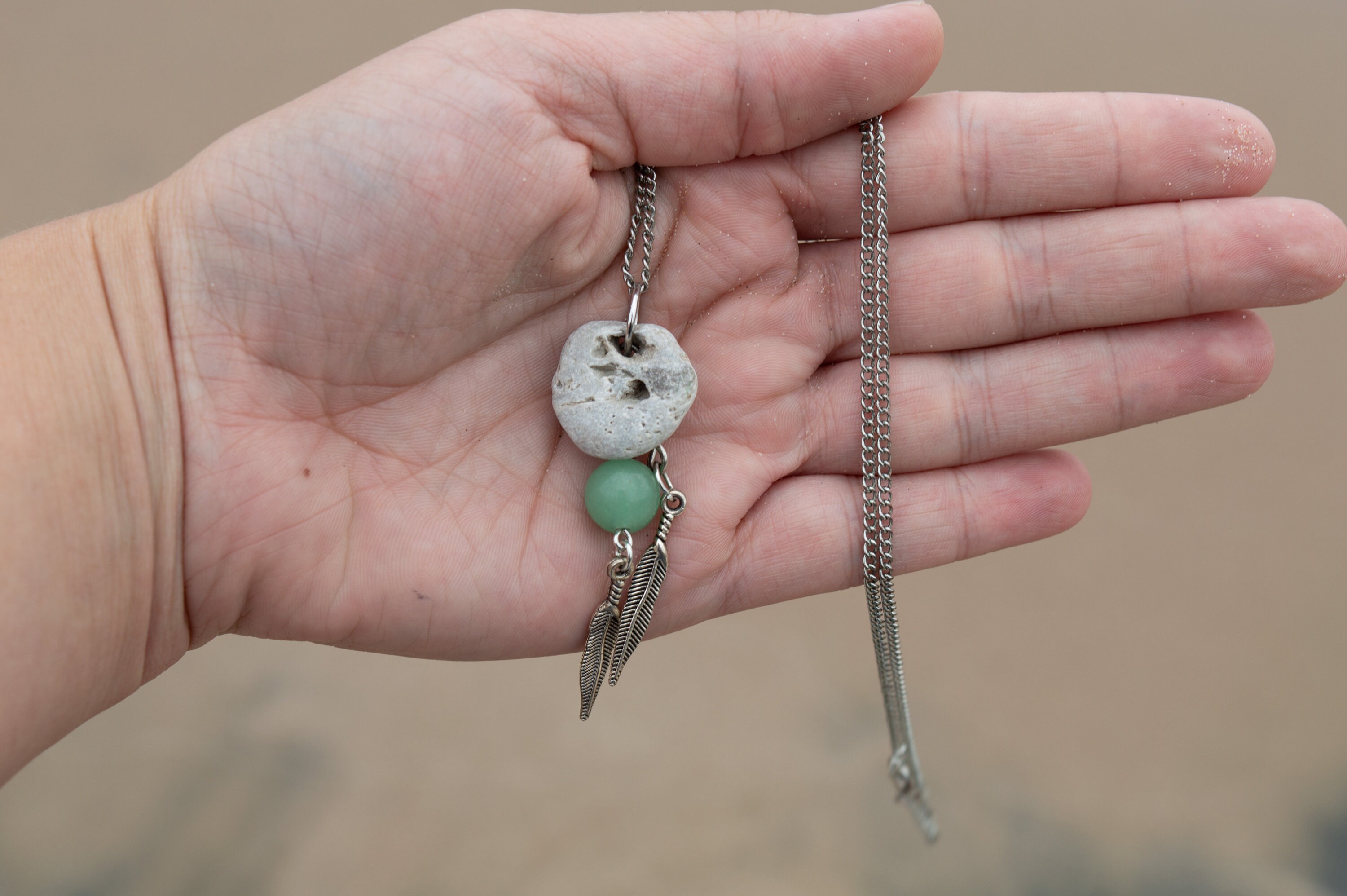 Genuine Hag Fairy Stone With Bead and Silver Feather Pendants Chain ...