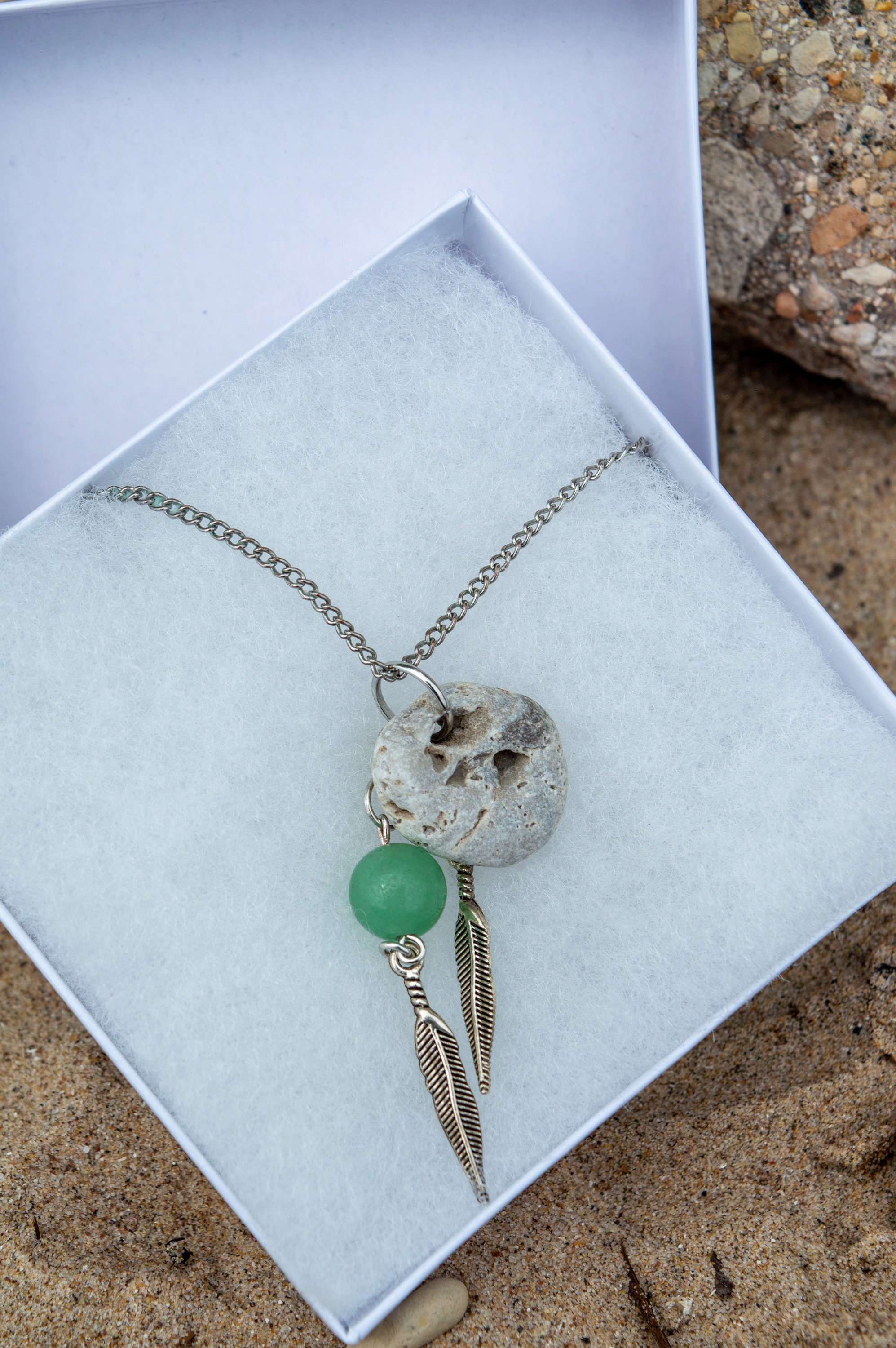 Genuine Hag Fairy Stone With Bead and Silver Feather Pendants Chain ...