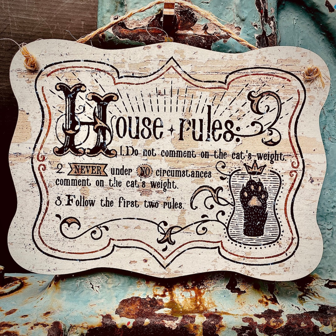 House Rules Door Sign Cat Lover Gift Wooden Humorous Door Sign Cat Wall ...