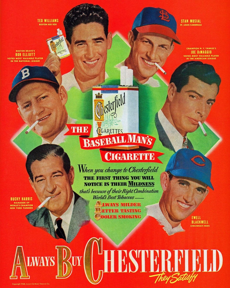 Chesterfield Cigarettes 1948 Baseball Ad | Ted Williams Joe Dimaggio ...