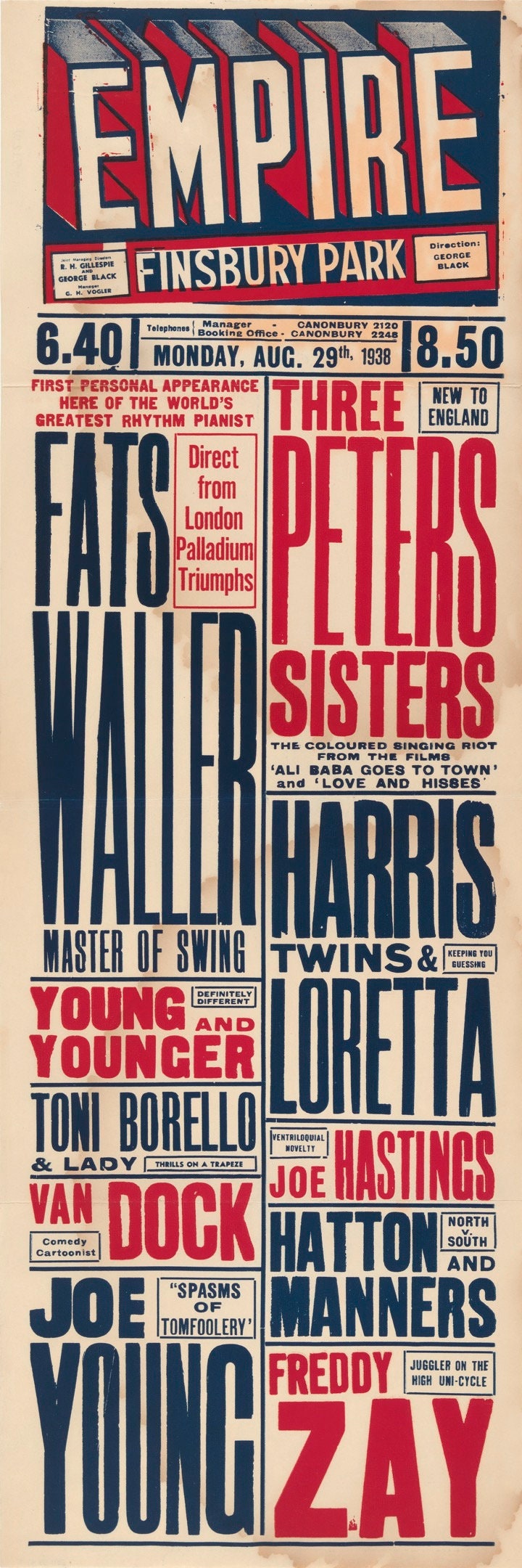 Vintage 1938 Fats Waller Swing Concert Poster - Empire Theatre, London ...