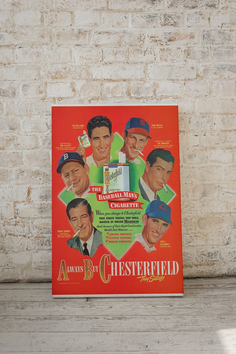 Chesterfield Cigarettes 1948 Baseball Ad | Ted Williams Joe Dimaggio ...