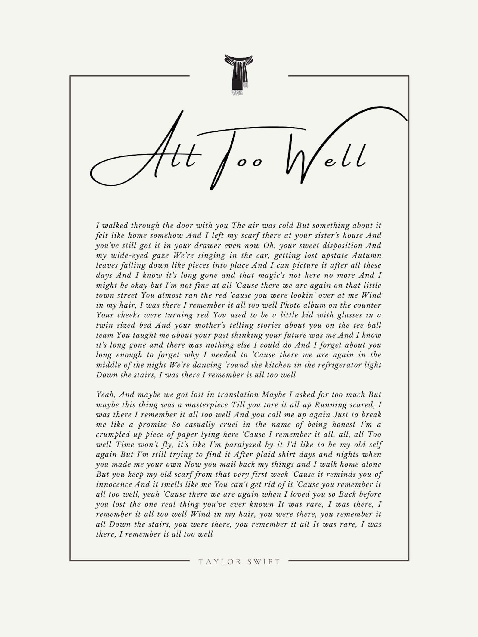 All Too Well by Taylor Swift Lyrics Digital Download Poster - Etsy UK