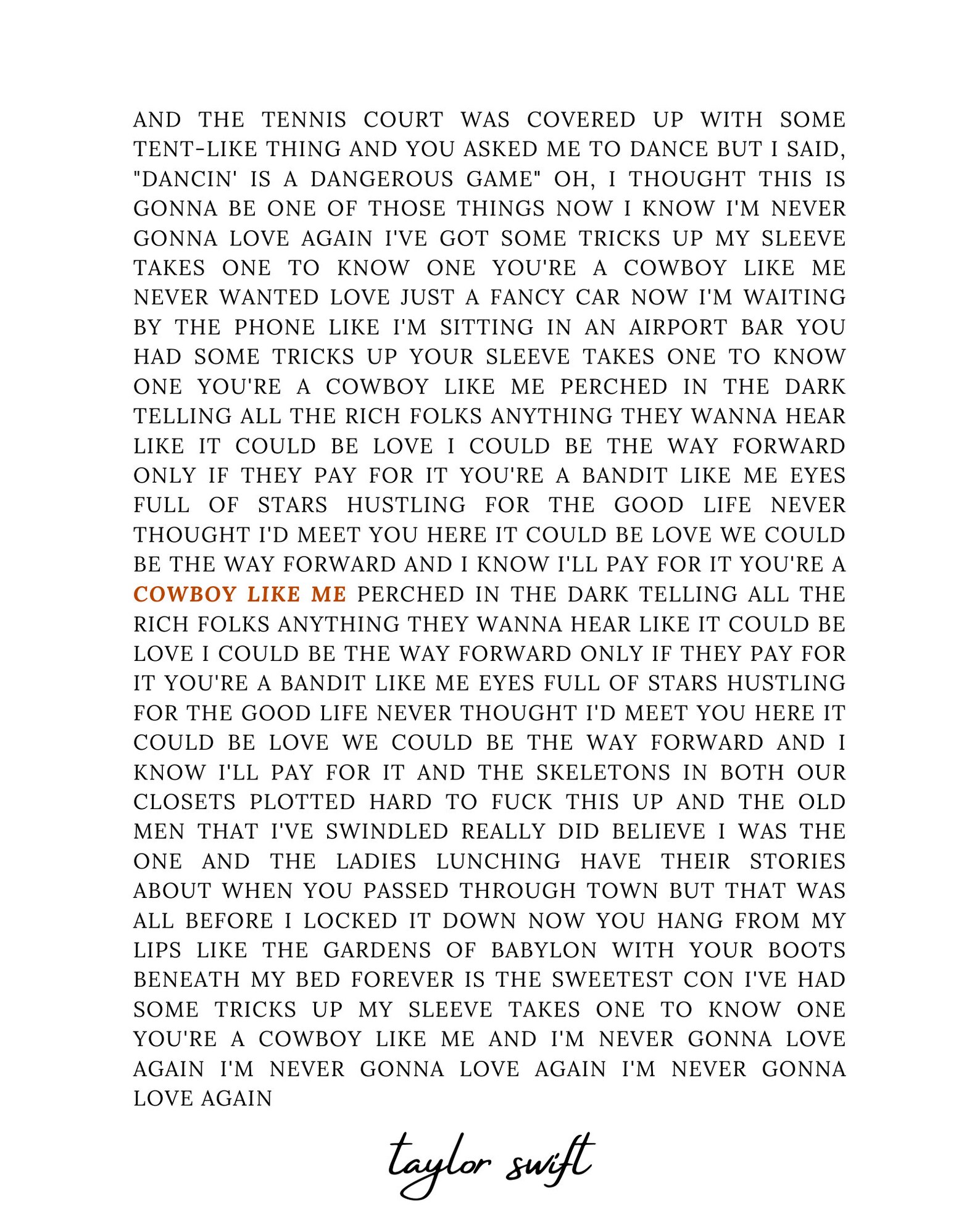 Cowboy like me por Taylor Swift Lyrics Digital Download Poster - Etsy ...