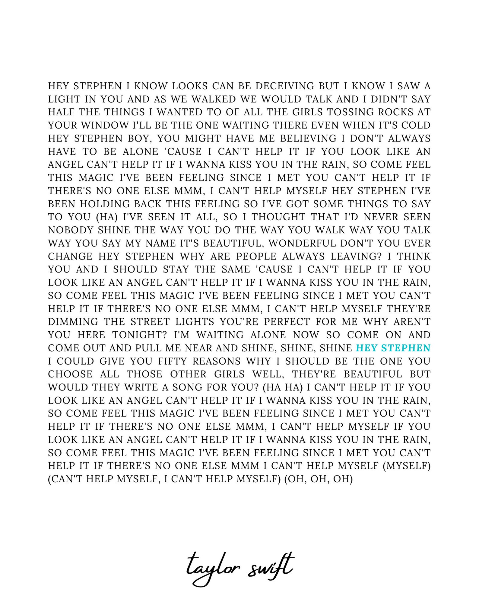 Hey Stephen by Taylor Swift Lyrics Digital Download Poster - Etsy