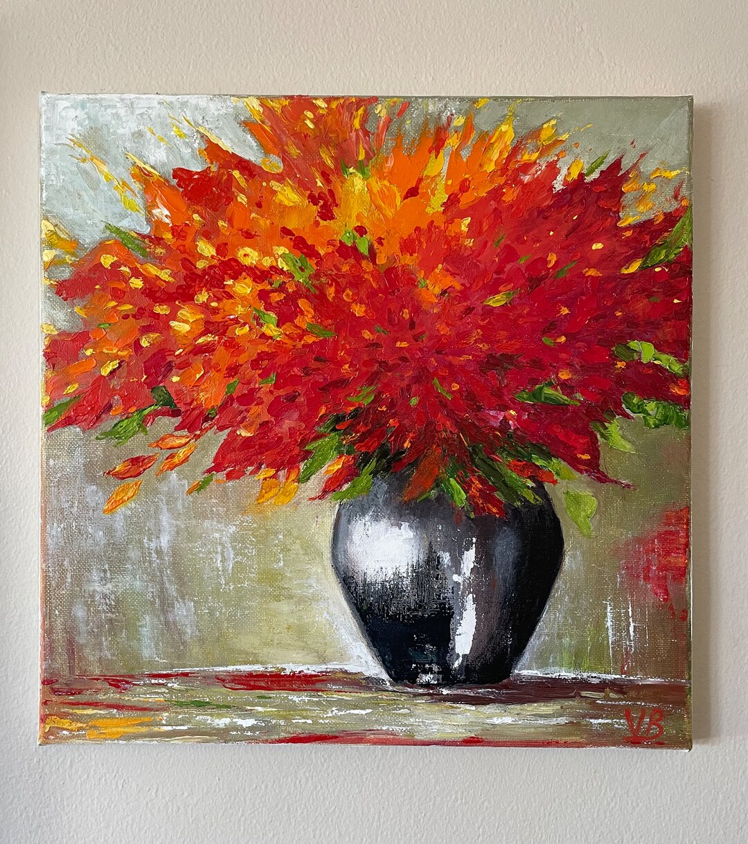 Fall Red Flowers Original Handmade Oil Painting on Canvas, Red Abstract ...