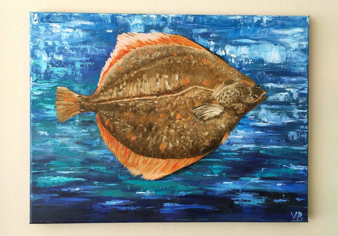Flounder Fish Original Handmade Oil Painting on Canvas, Fish Sea ...