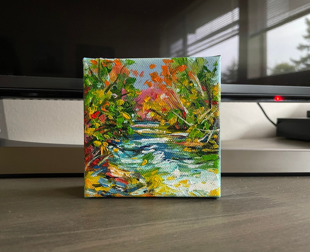 River Landscape 4x4 Original Handmade Oil Painting on Canvas, Dancing ...