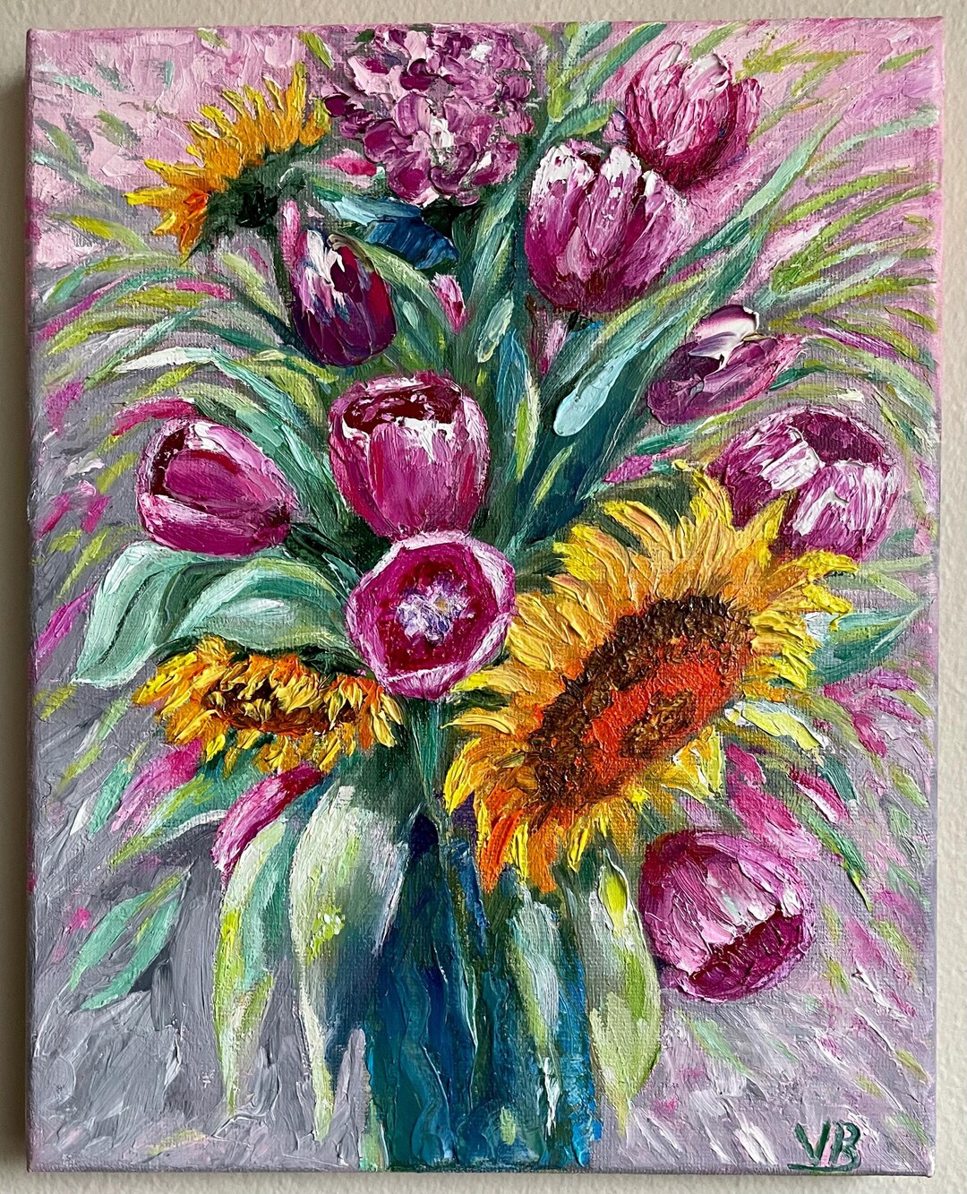 Tulips and Sunflowers Oil Painting: Floral Impressionist Art, 10x8 - Etsy