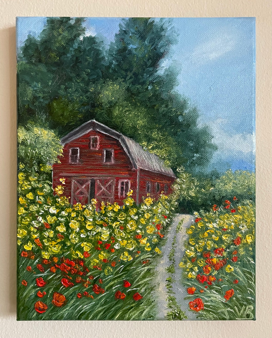 Old Red Farm Barn Original Handmade Oil Painting on Canvas, Summer ...