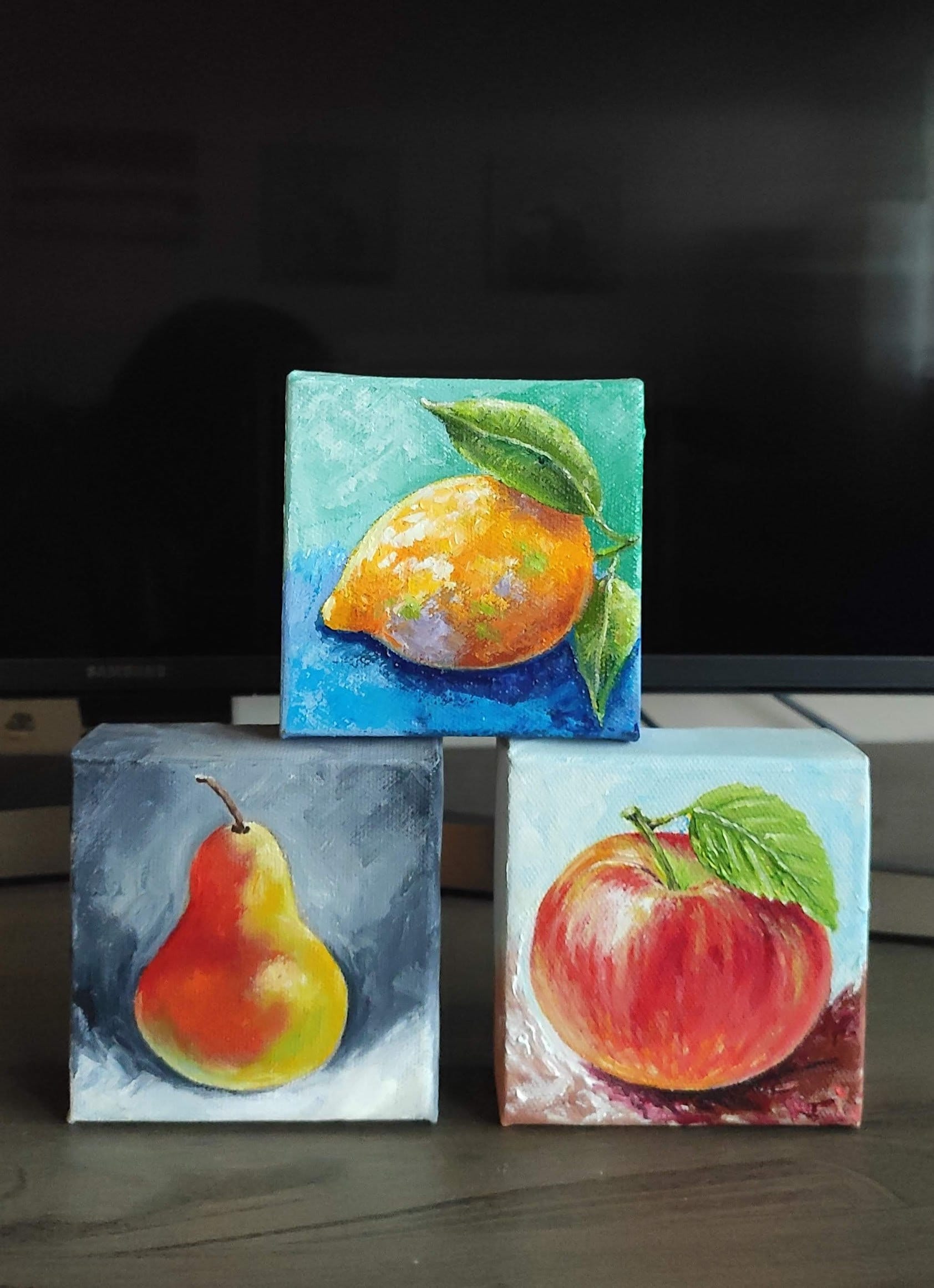 Lemon Fruit Original Handmade Oil Painting on Canvas, Citrus Art, 4x4 ...