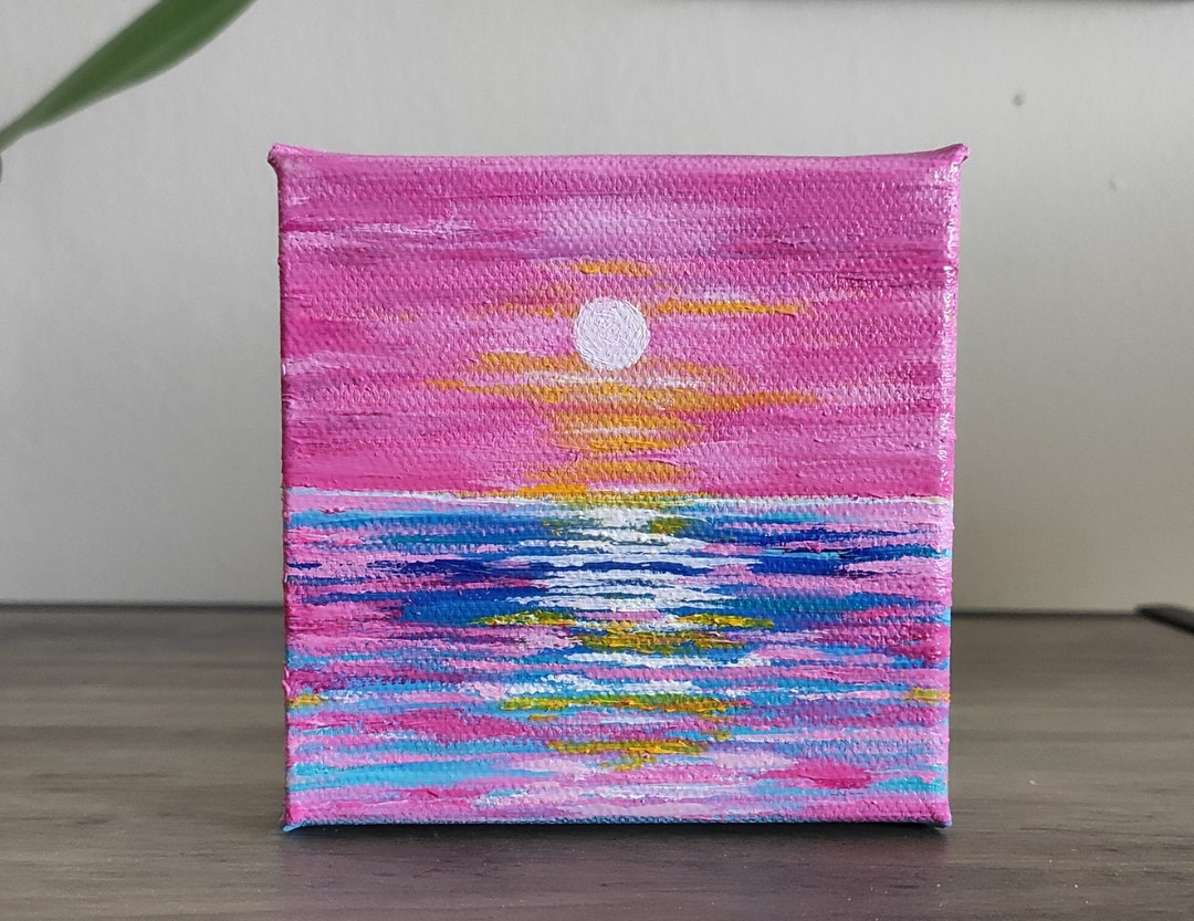 Tropical Pink Sunset Original Handmade Oil Painting on Canvas, Nautical ...