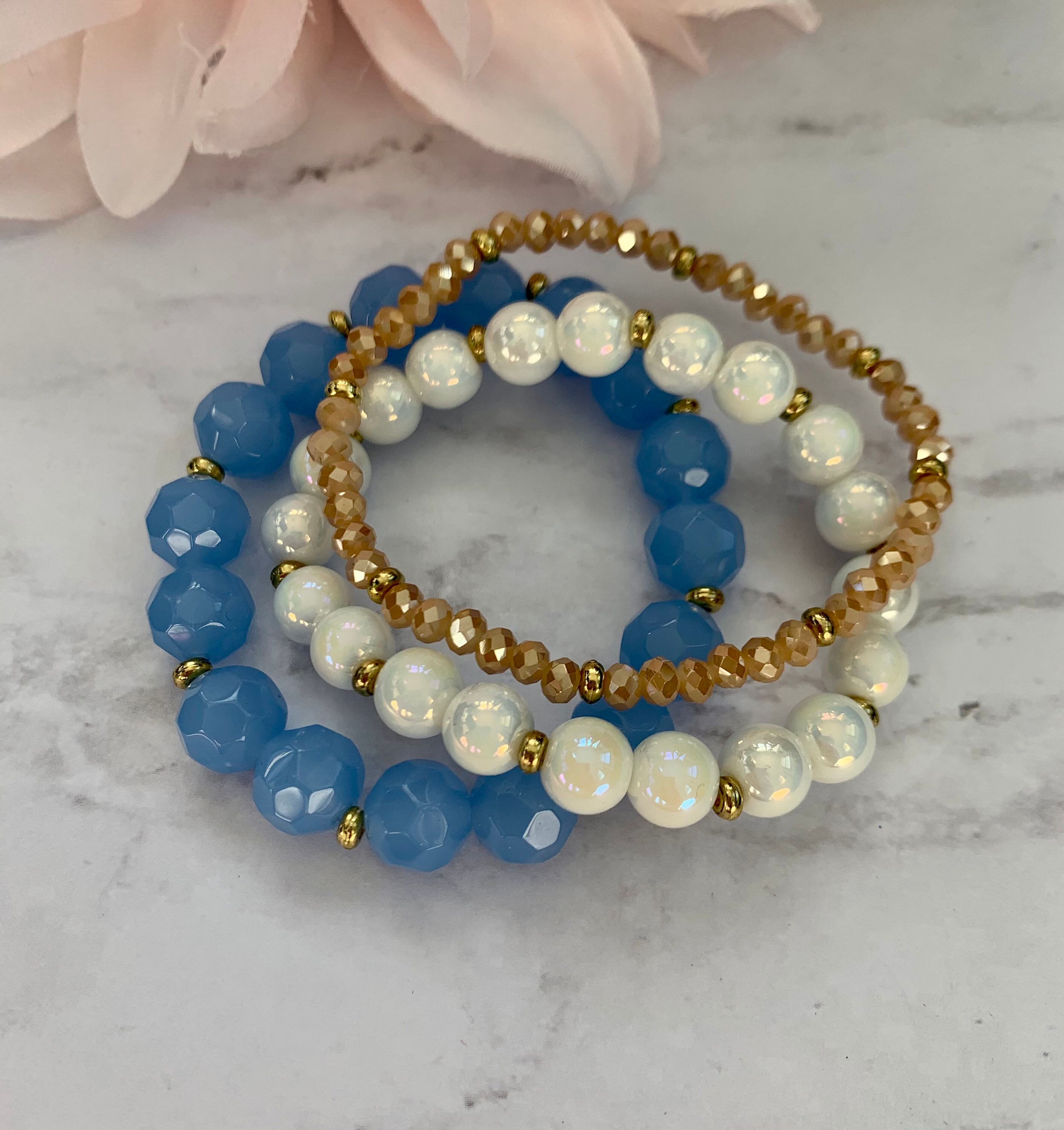 Periwinkle Blue, White and Champagne Beaded Bracelet Set - Etsy