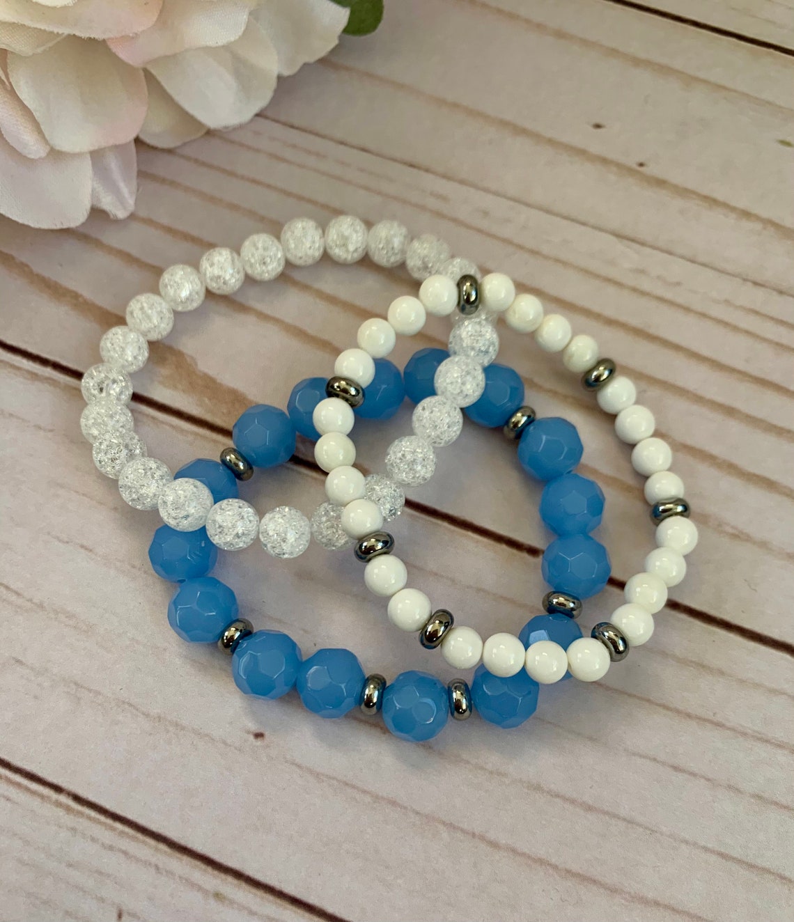 Periwinkle Blue Crystal and White Beaded Bracelet Set | Etsy