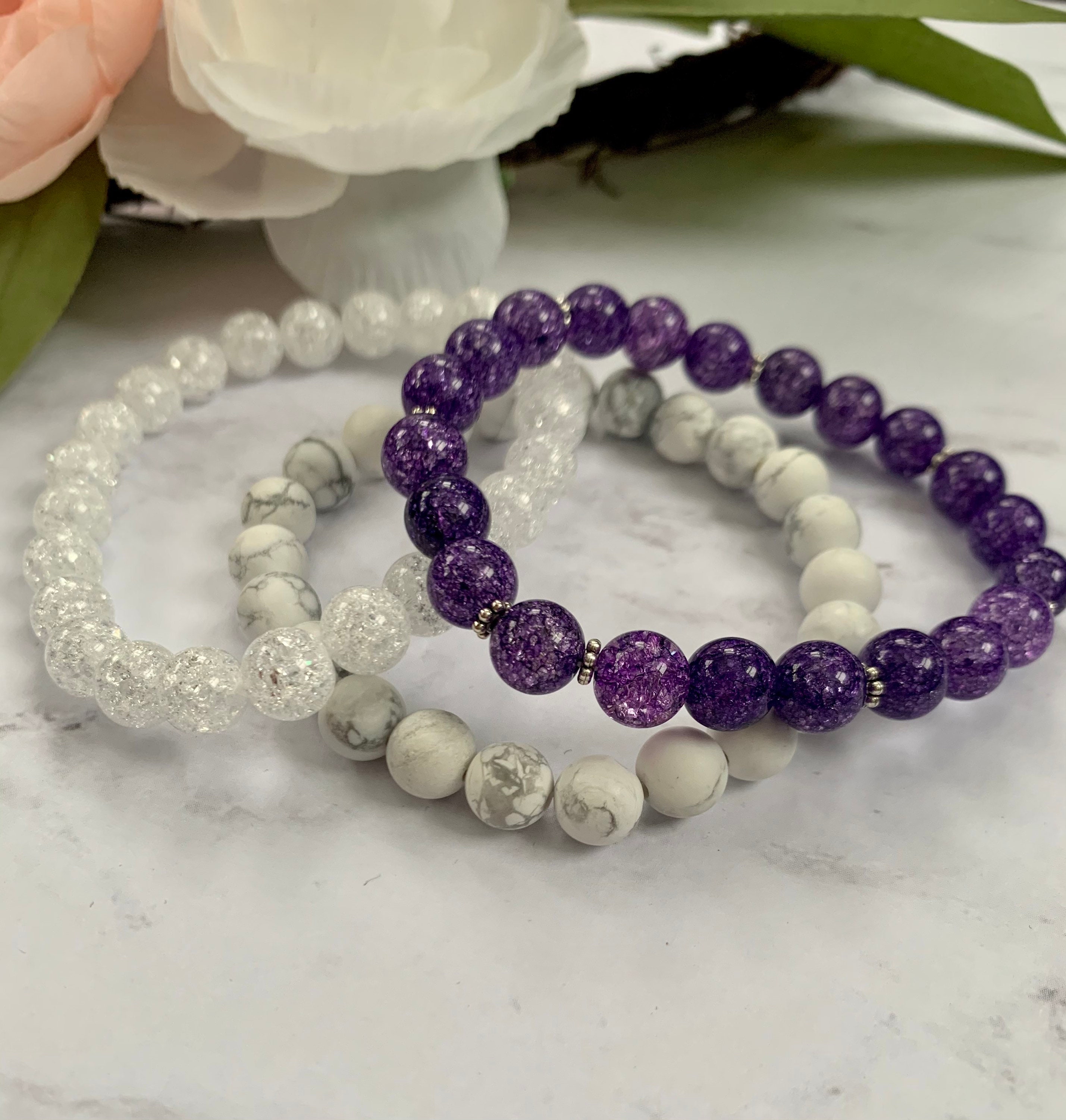 Purple, Crystal and White Howlite Beaded Bracelet Set - Etsy