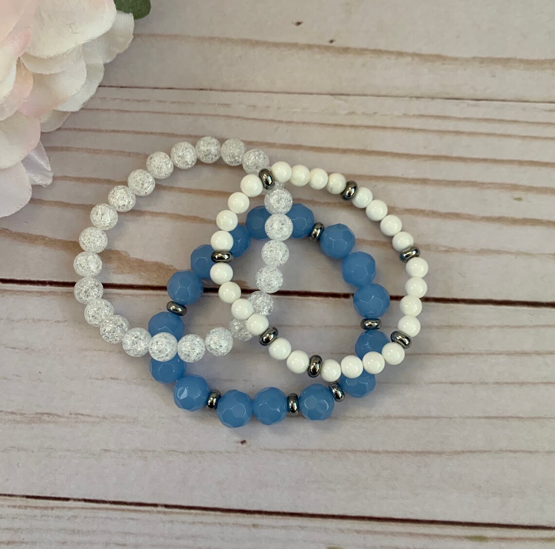 Periwinkle Blue Crystal and White Beaded Bracelet Set | Etsy