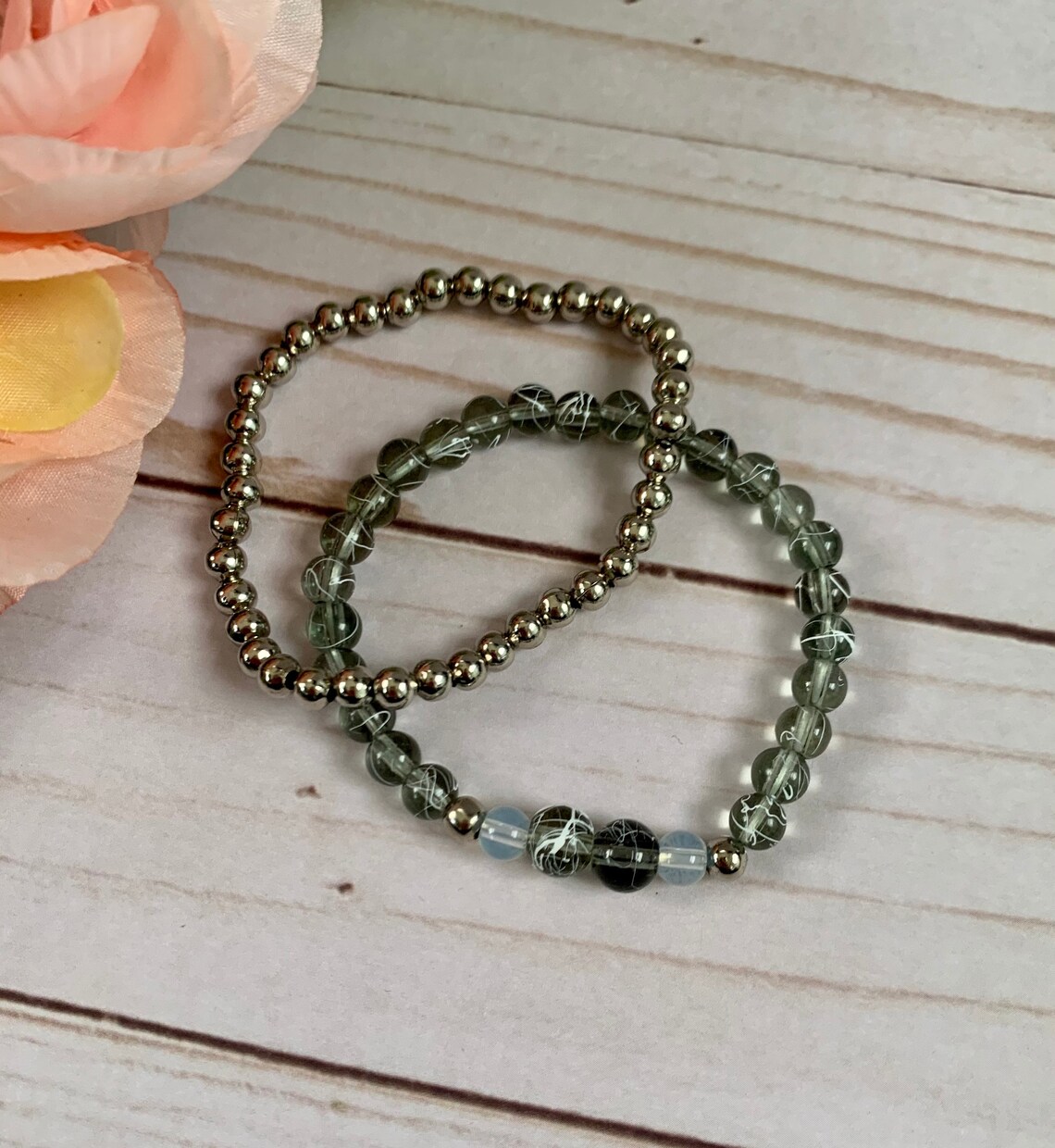 Light Gray, Clear and Silver Beaded Bracelet Set - Etsy