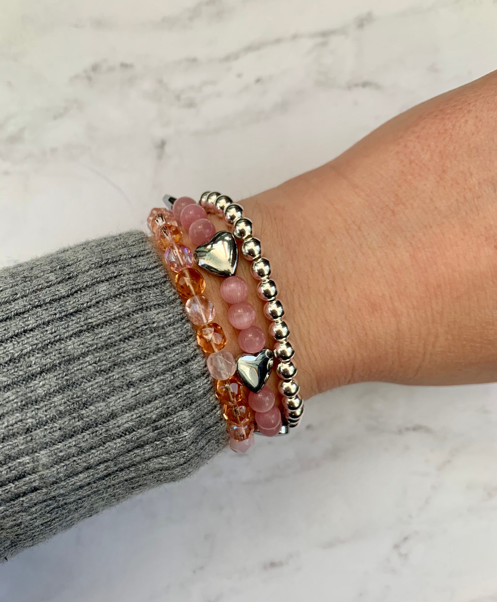 Silver Heart Beaded Bracelet Sets - Etsy