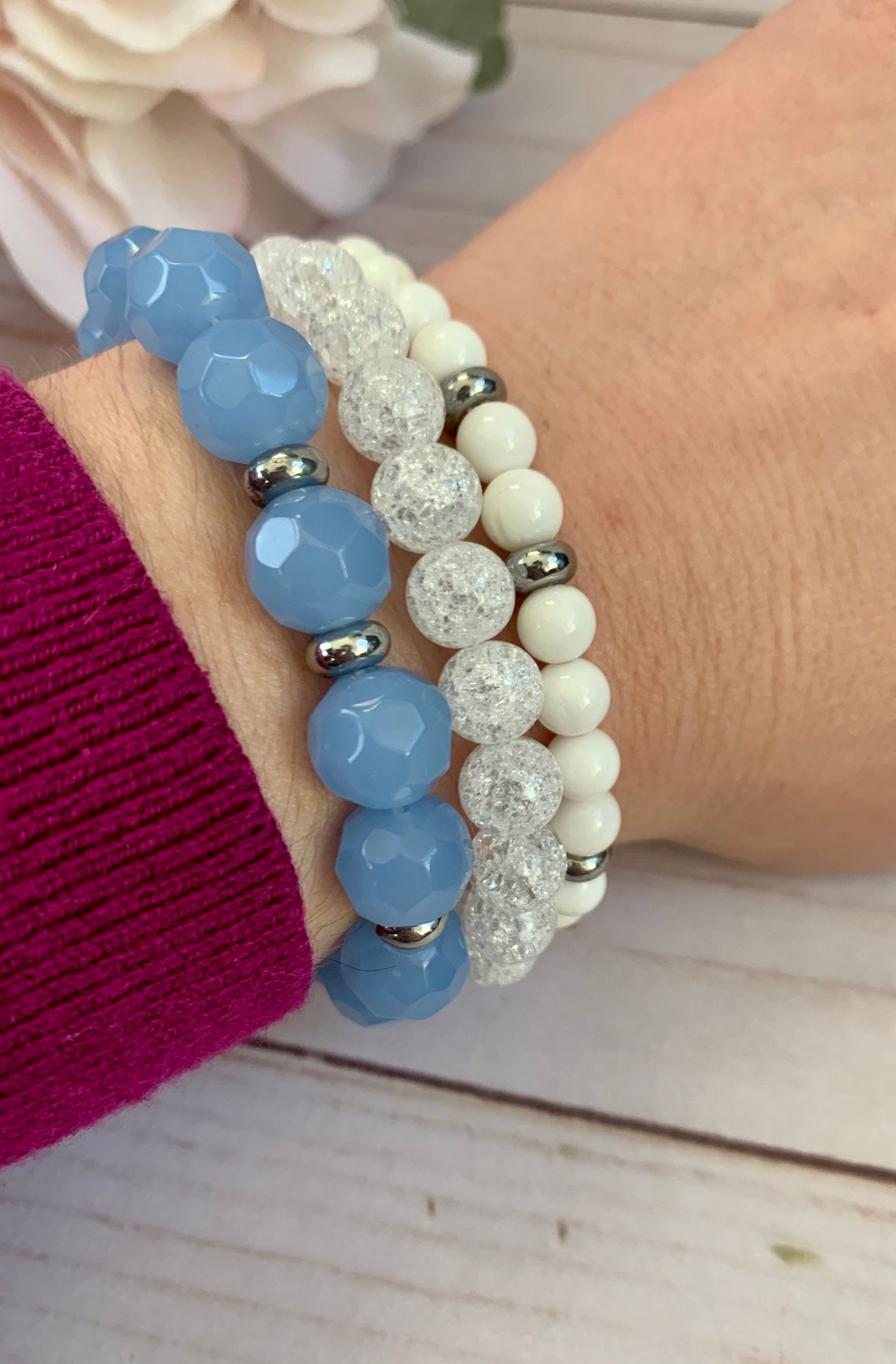 Periwinkle Blue Crystal and White Beaded Bracelet Set | Etsy