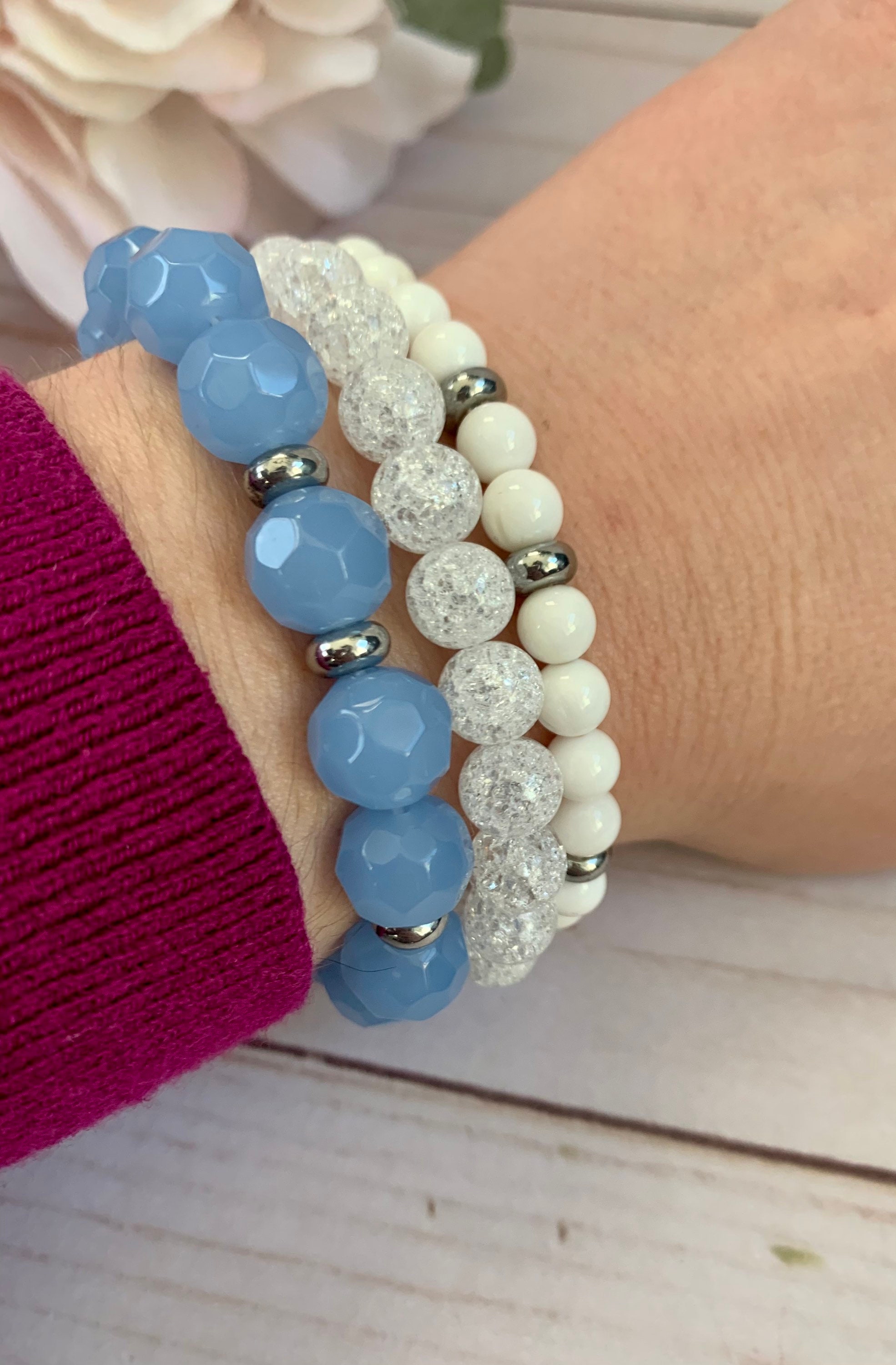 Periwinkle Blue Crystal and White Beaded Bracelet Set | Etsy