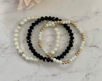 Blue Aqua White Marble and Black Beaded Bracelet Set | Etsy