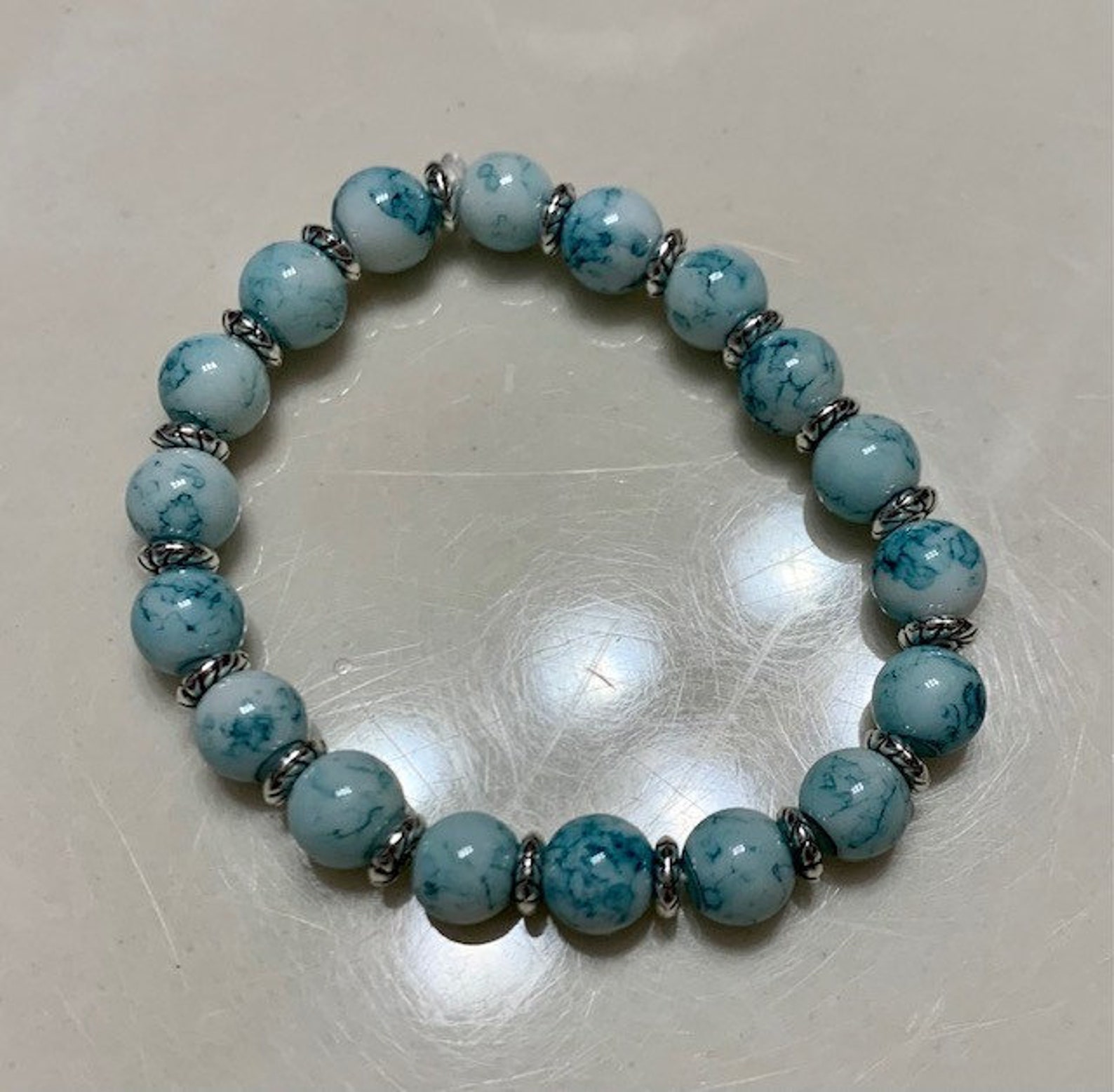 Blue Marble and Silver Beaded Bracelet - Etsy