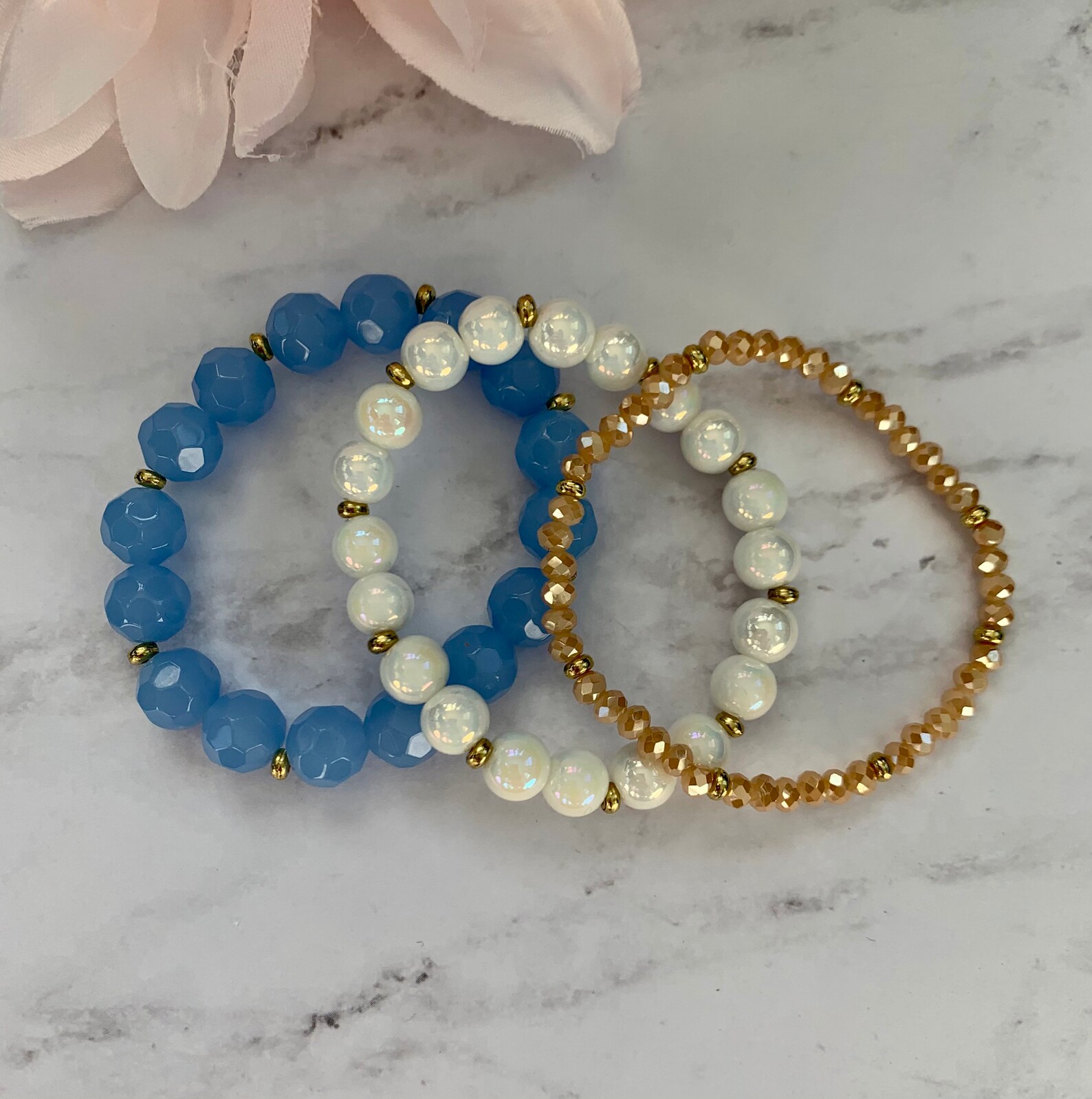 Periwinkle Blue, White and Champagne Beaded Bracelet Set - Etsy