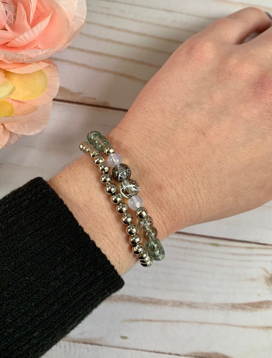 Light Gray, Clear and Silver Beaded Bracelet Set - Etsy