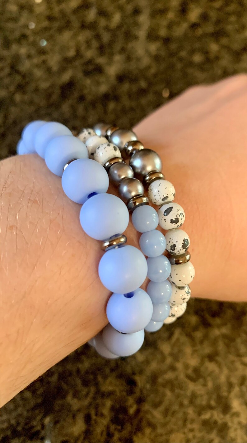 Sky Blue and White Marble Beaded Bracelet Set - Etsy