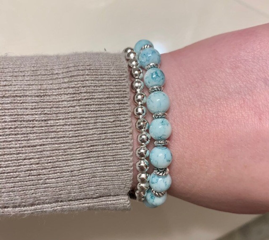 Blue Marble and Silver Beaded Bracelet - Etsy