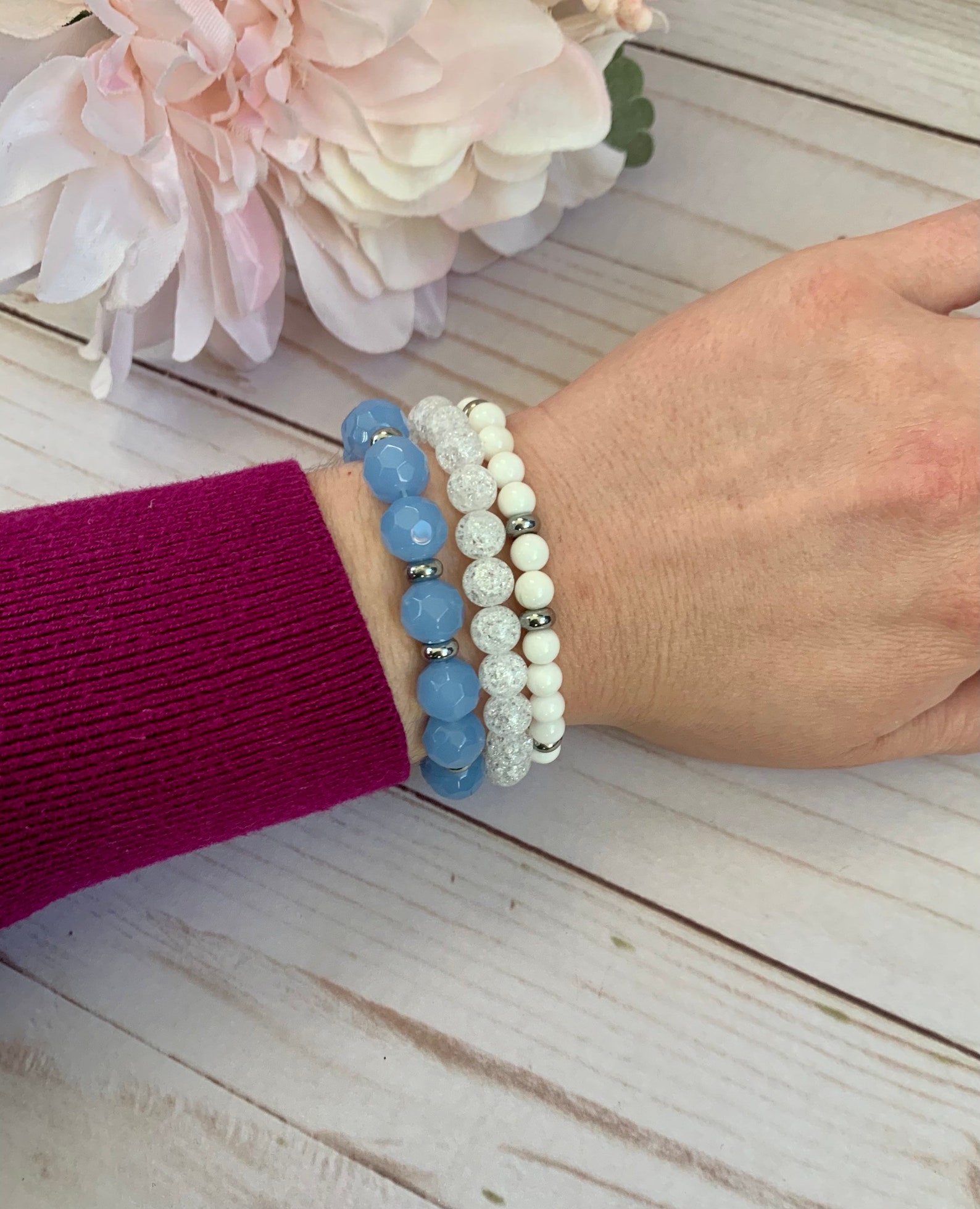 Periwinkle Blue Crystal and White Beaded Bracelet Set | Etsy
