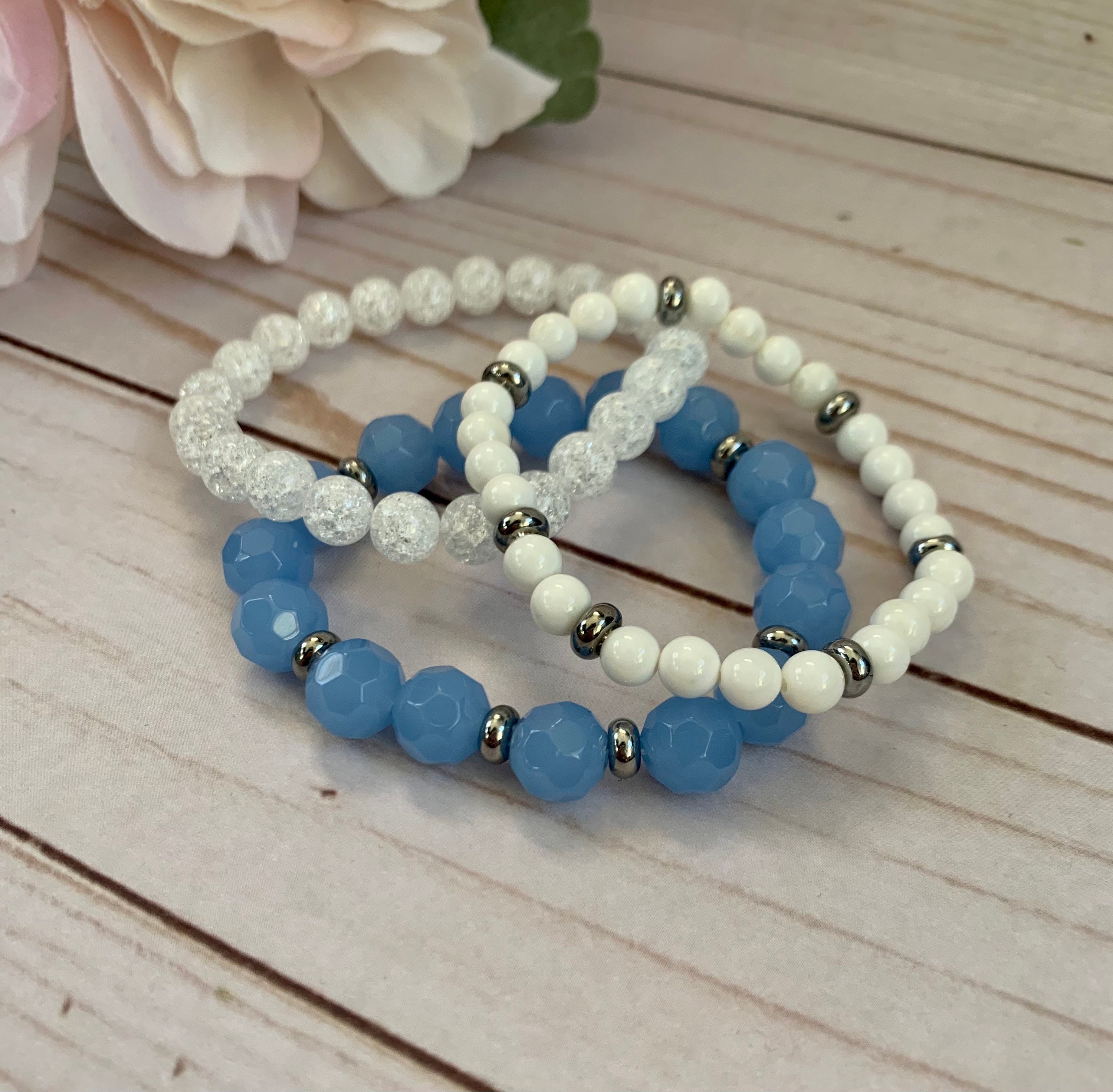 Periwinkle Blue Crystal and White Beaded Bracelet Set | Etsy