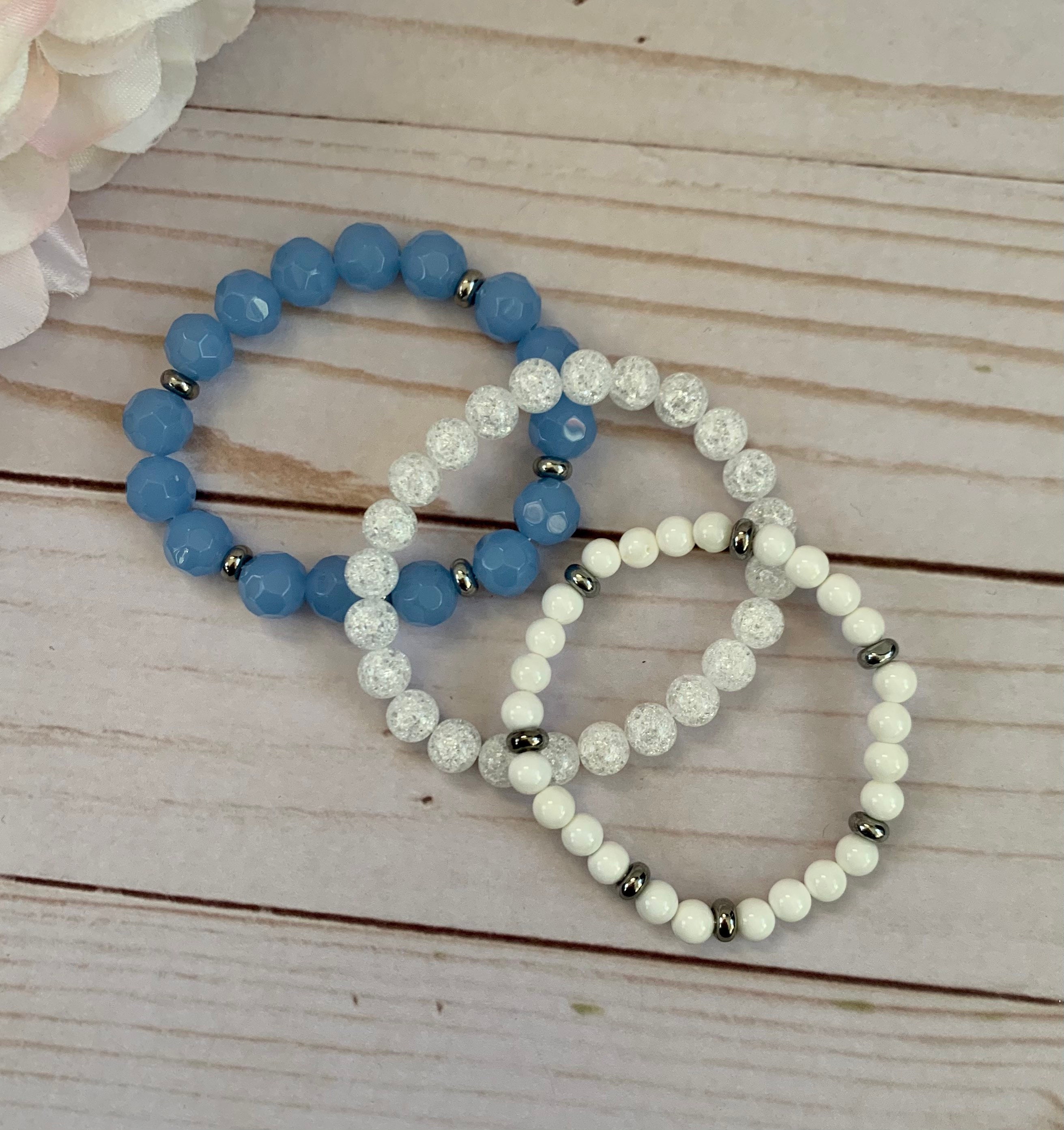 Periwinkle Blue Crystal and White Beaded Bracelet Set | Etsy