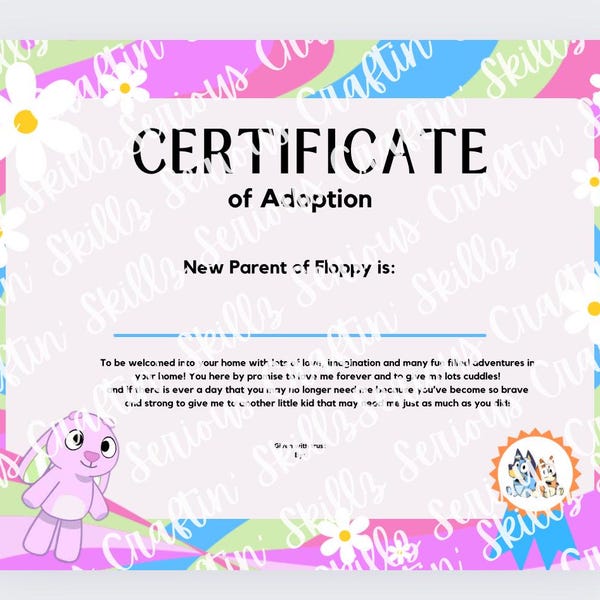 Bluey Certificate of Adoption Floppy - Etsy