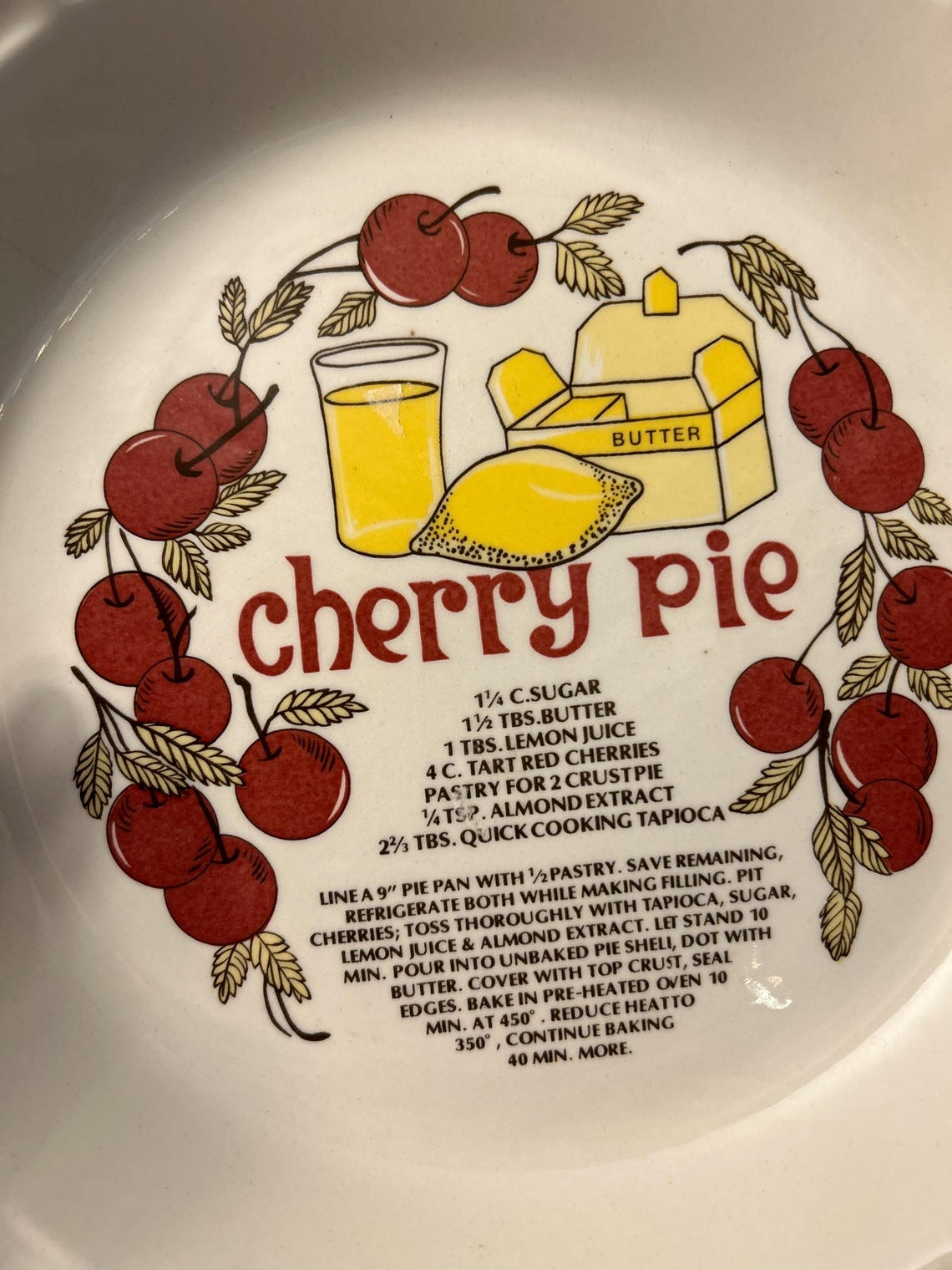 Vintage 11 Deep Dish Ceramic Pie Plate With Cherry Pie Recipe Made in ...