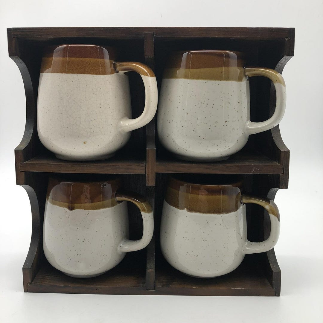 Vintage Wood Coffee Mug Display Case With 4 Stoneware Mugs Wall Hanging ...