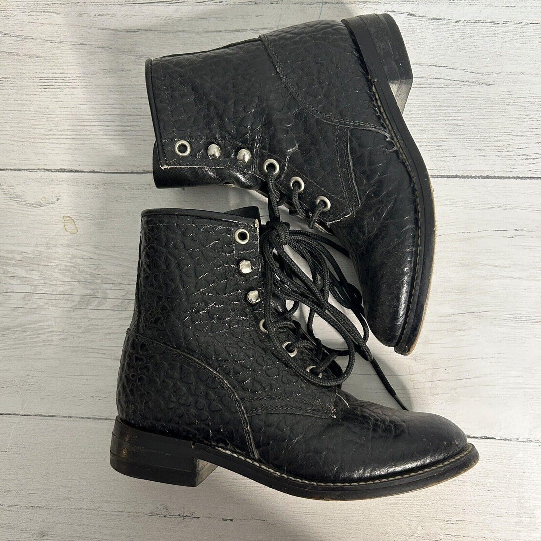 Vintage Justin Boots 522Y Roper Pebbled Bullhide Leather Lace up Youth ...