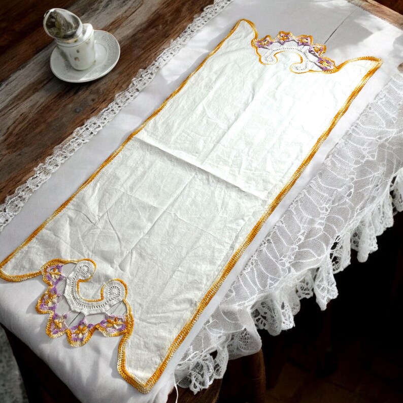 Vintage Linen Hand Embroidered Table Runner Orange Flowers Dresser ...