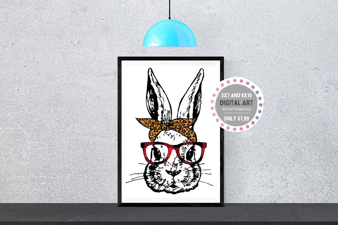 Bunny With Red Plaid Glasses and Leopard Print Bandana Bow | Digital ...