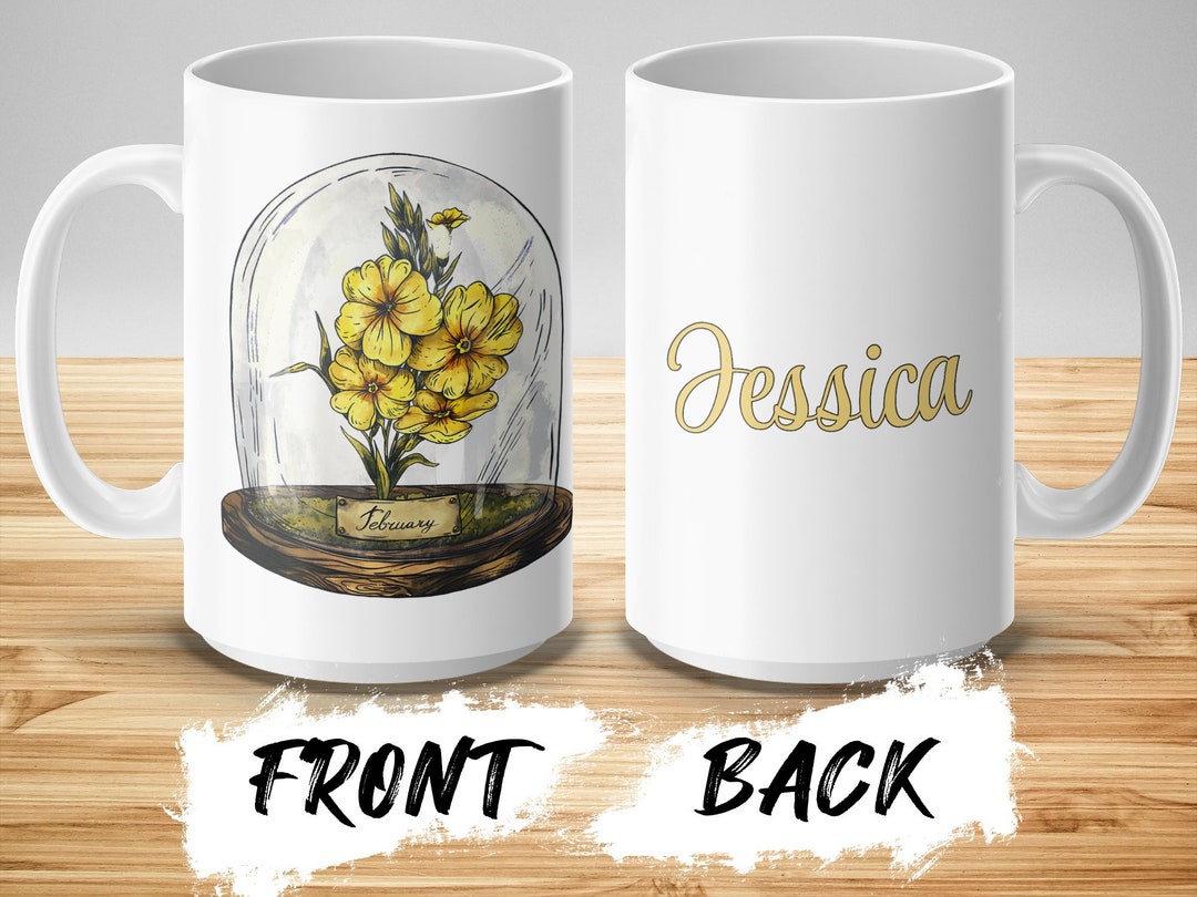 Personalized February Birth Flower Mug: Yellow Watercolor Floral Design ...
