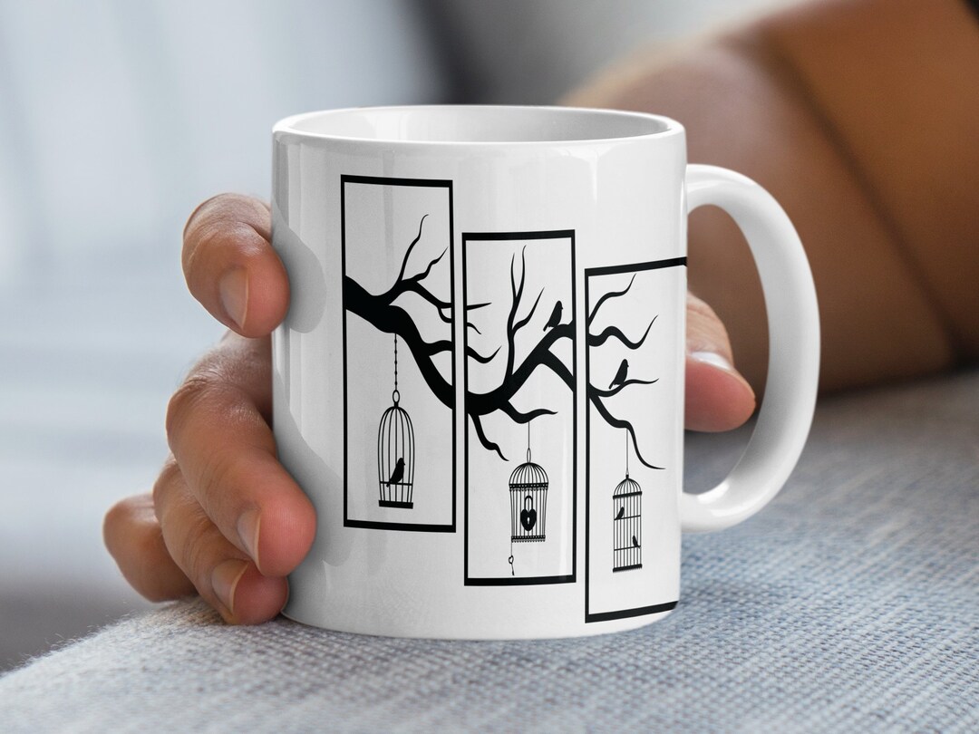 Three-piece Tree Branch Bird Cage Art Mug Set, Black and White Nature ...
