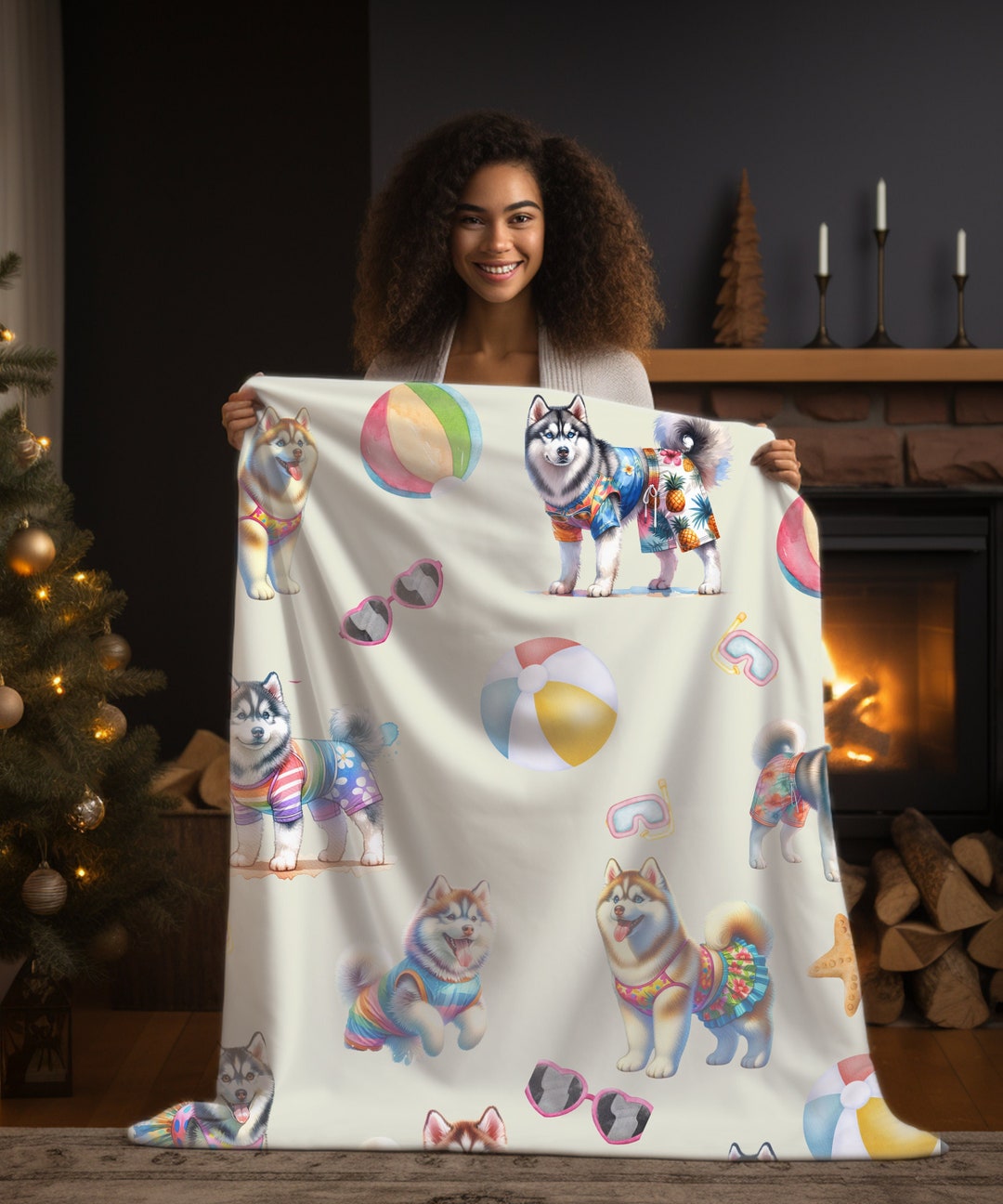 Husky Blanket, Siberian Husky Blanket, Husky Beach Blanket, Summer Throw, Sunny Siberian Huskies ...