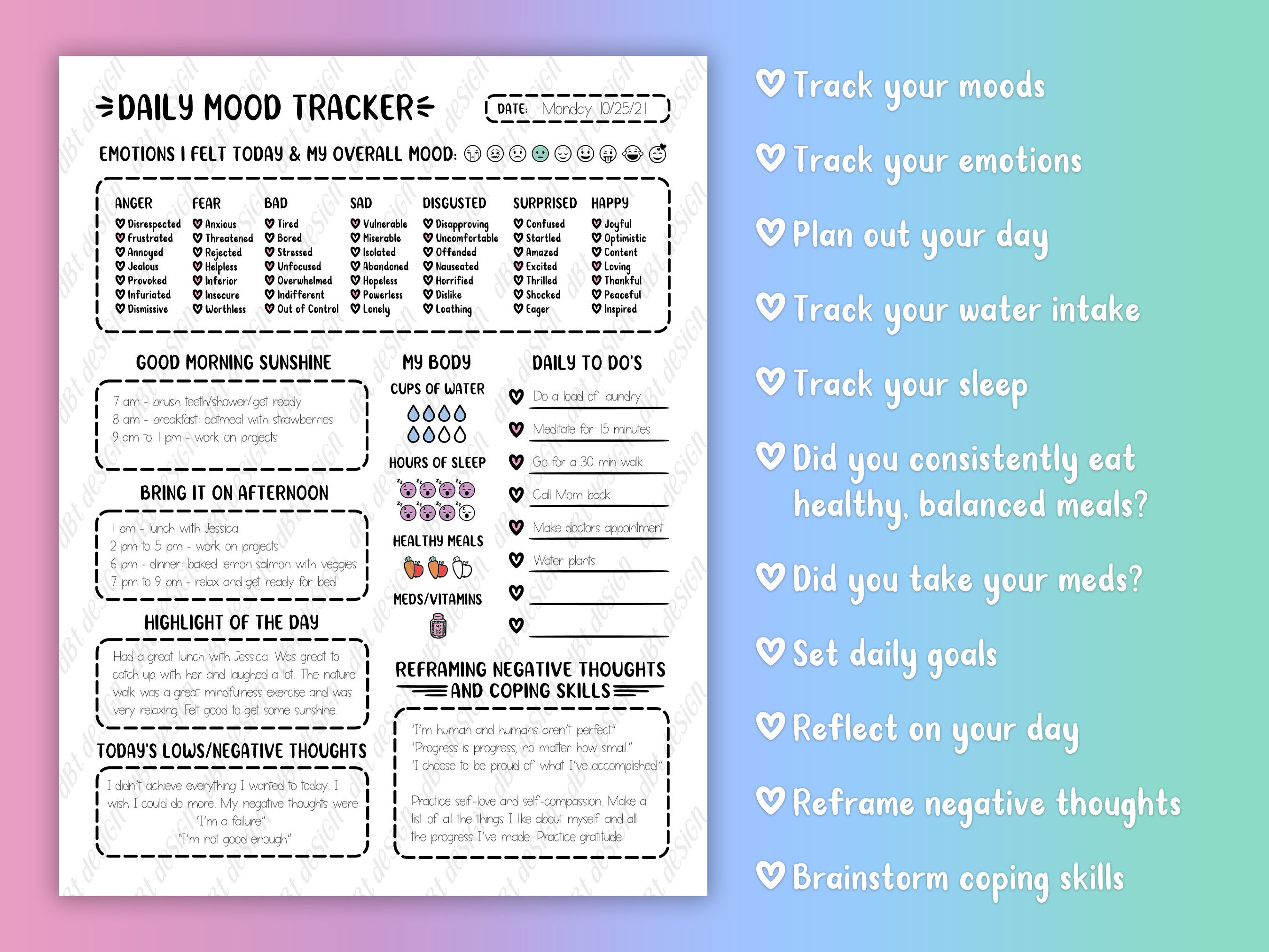 Mood Tracker Mental Health Printable Planner Insert Therapy | Etsy